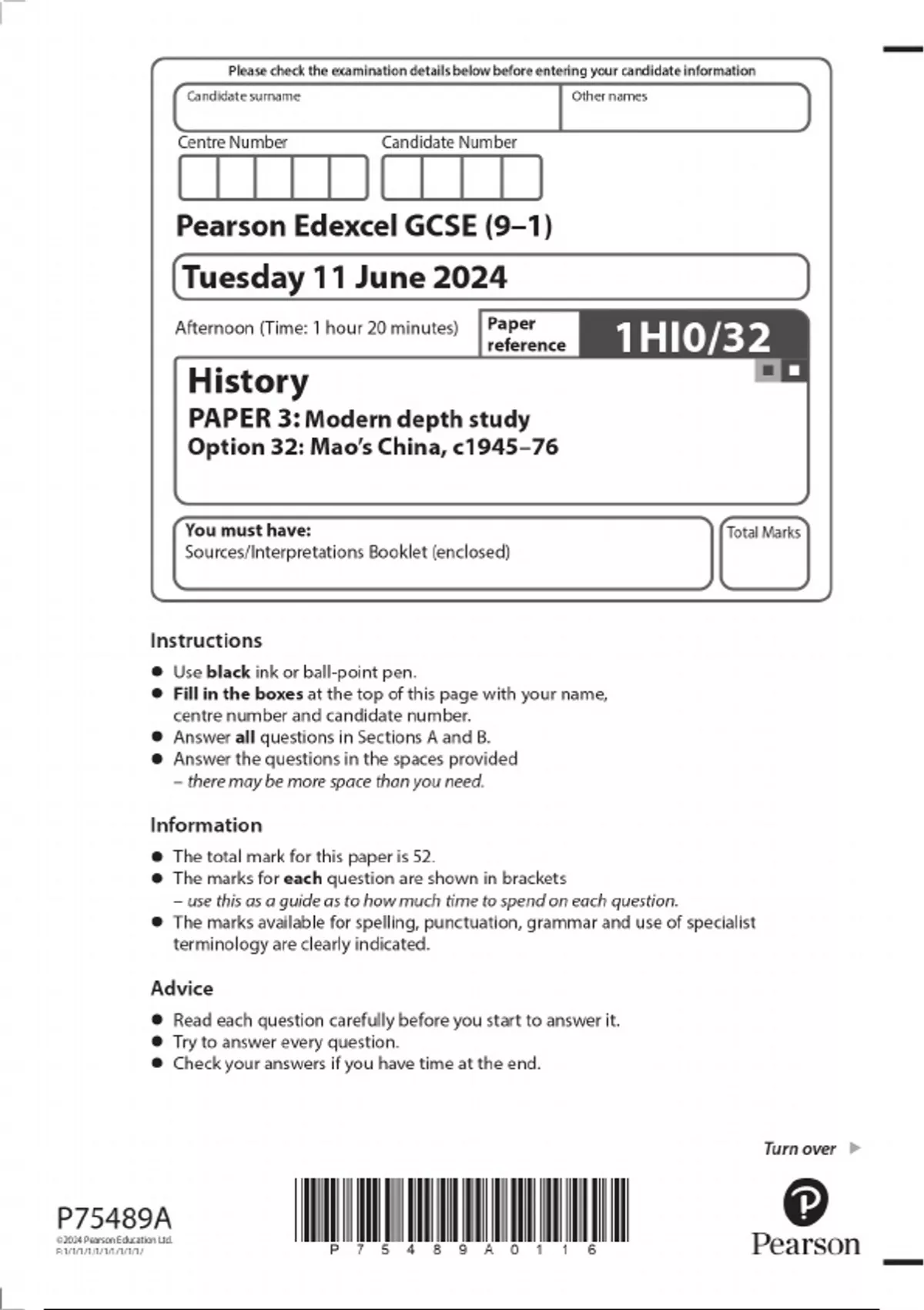 2024 GCSE Pearson Edexcel GCSE (9–1) History PAPER 3: Modern depth ...
