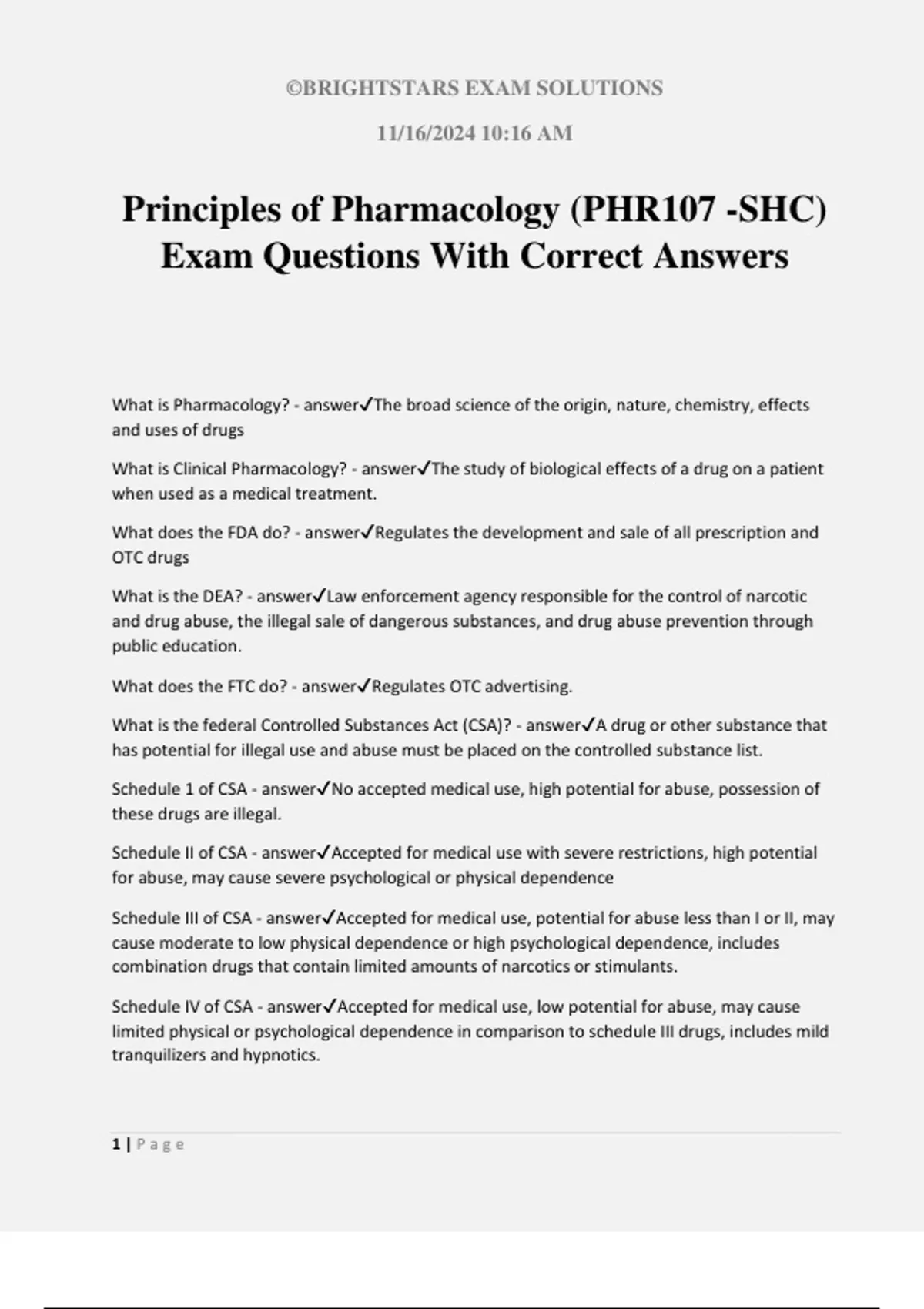 Principles of Pharmacology (PHR107 -SHC) Exam Questions With Correct ...