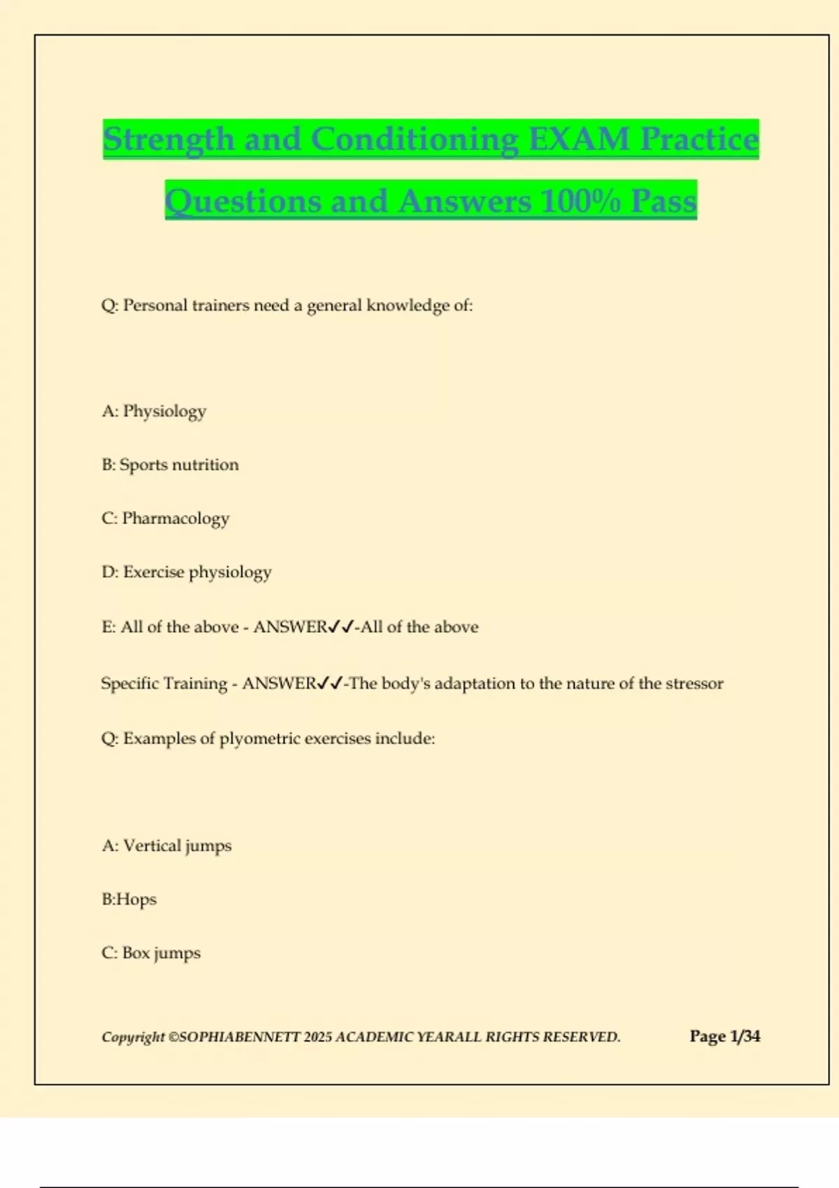 Strength and Conditioning EXAM Practice Questions and Answers 100% Pass ...