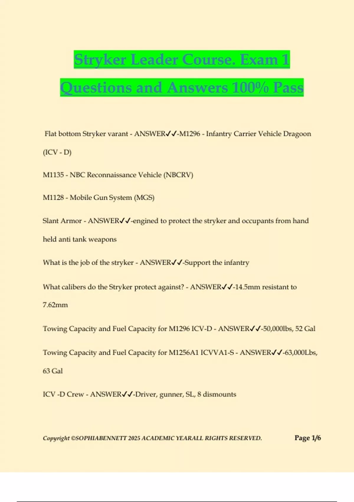 Stryker Leader Course. Exam 1 Questions and Answers 100% Pass - Prep ...