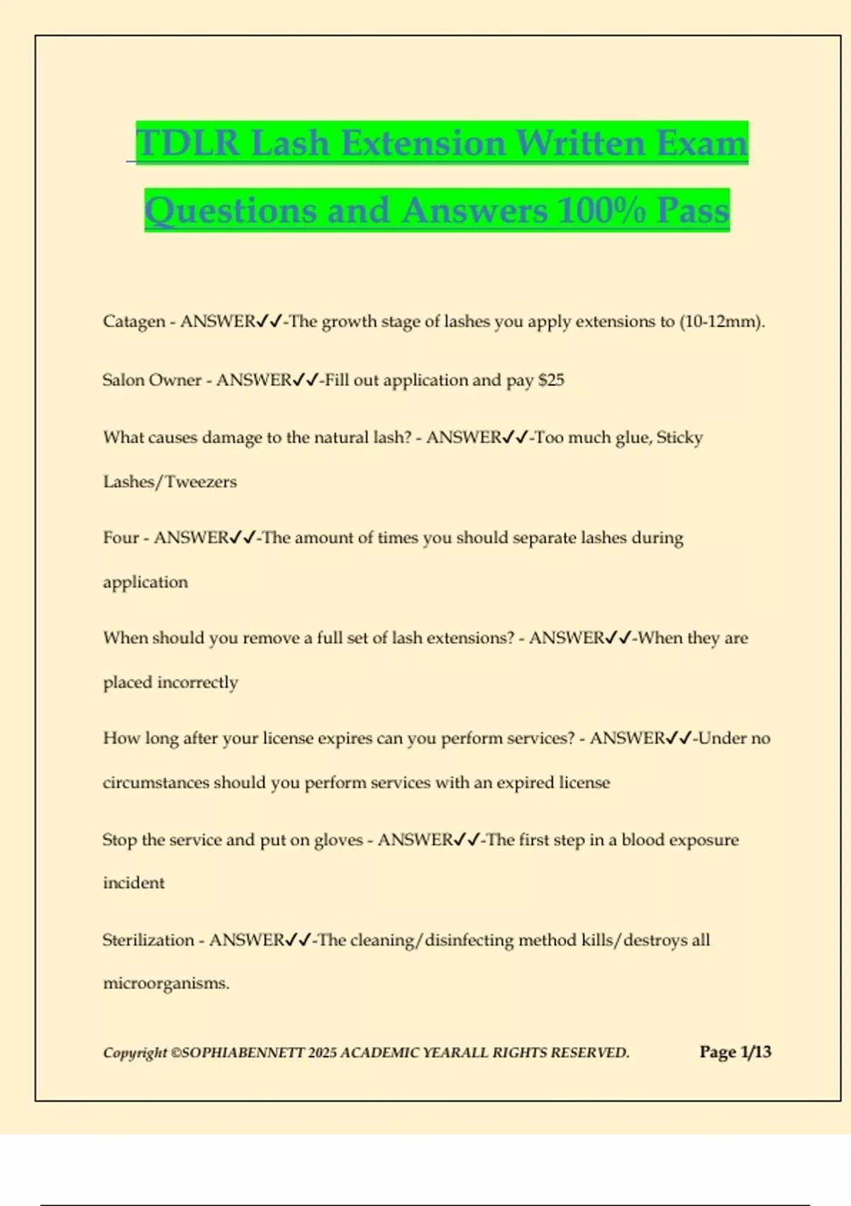 TDLR Lash Extension Written Exam Questions and Answers 100% Pass - Prep ...