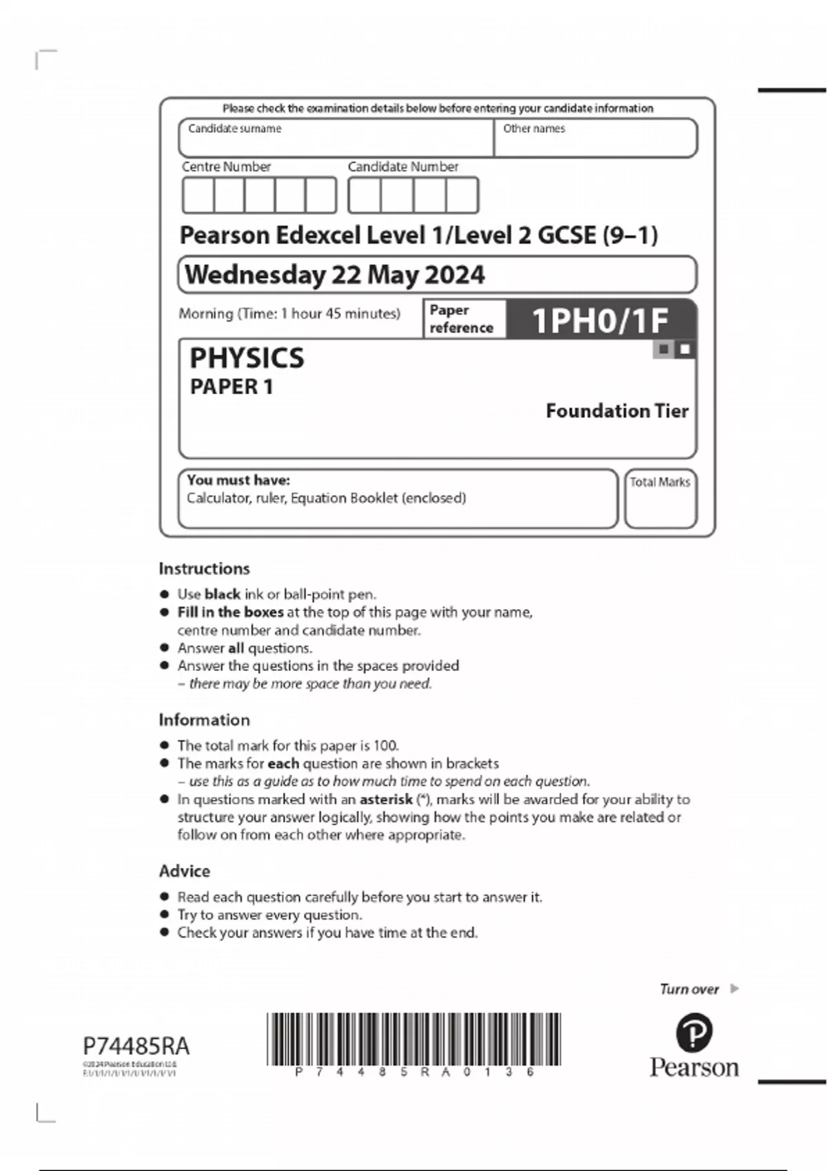 2024 GCSE Pearson Edexcel Level 1/Level 2 GCSE (9–1) PHYSICS PAPER 1 ...