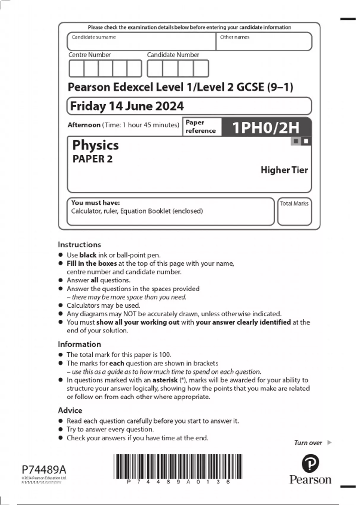 2024 GCSE Pearson Edexcel Level 1/Level 2 GCSE (9–1) PHYSICS PAPER 2 ...