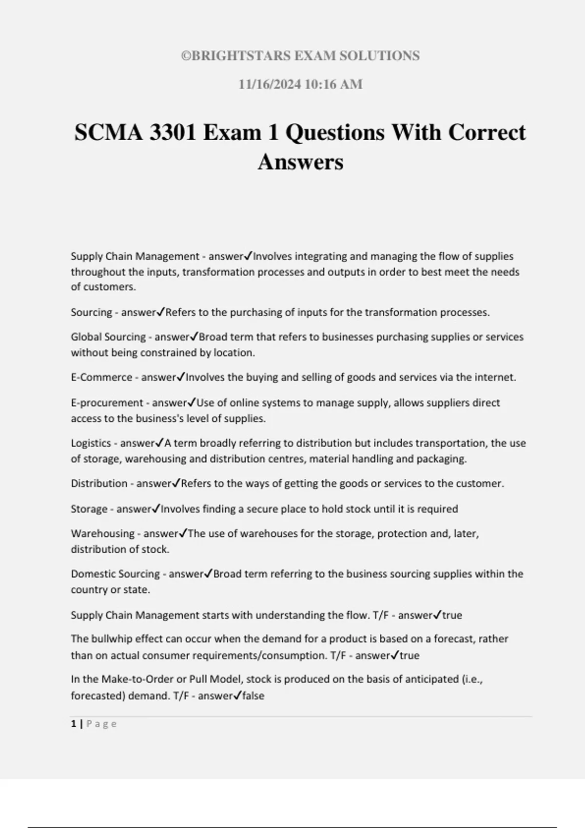 SCMA 3301 Exam 1 Questions With Correct Answers - SCM3301 - Stuvia US