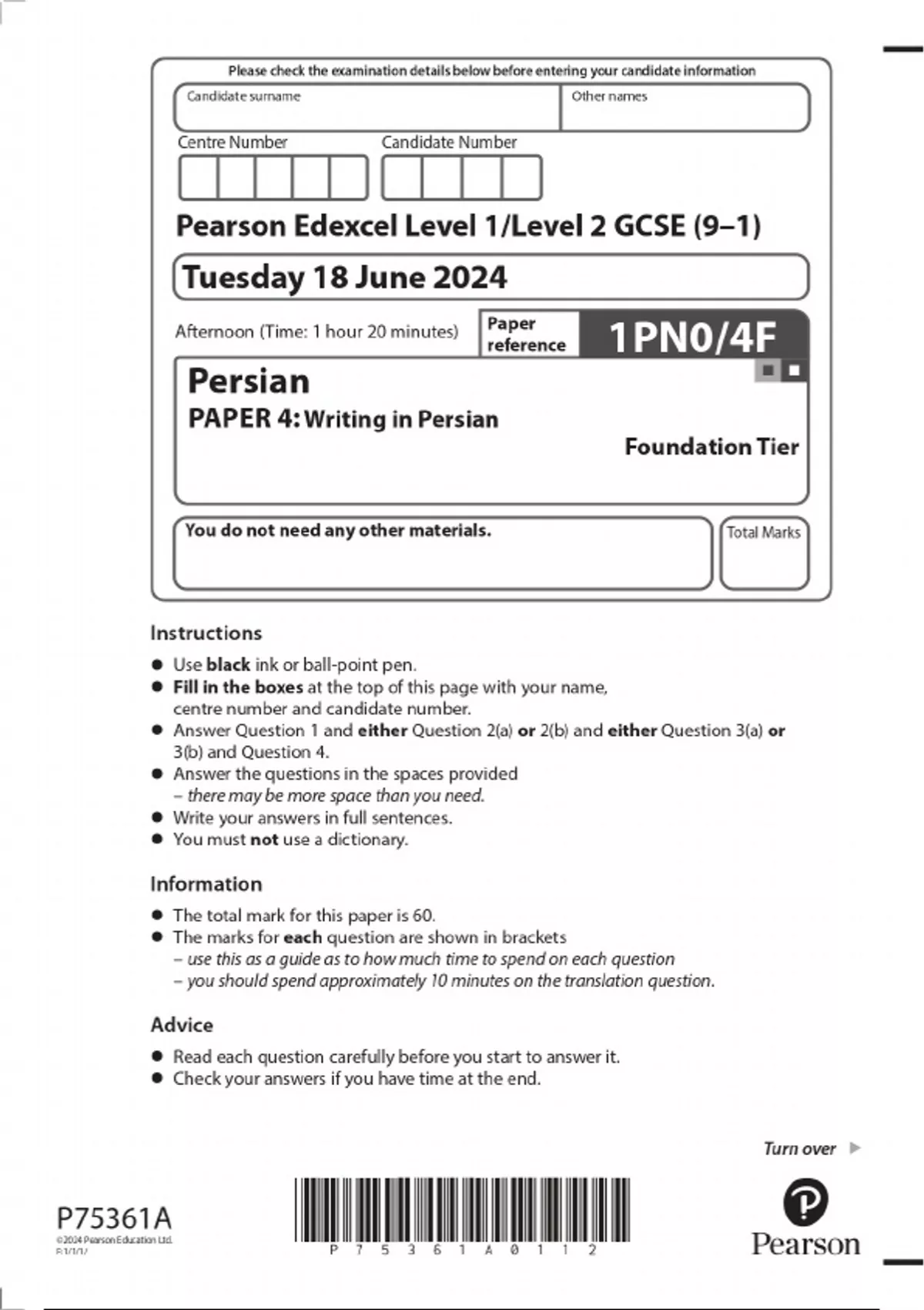 2024 GCSE Pearson Edexcel Level 1/Level 2 GCSE (9–1) Persian PAPER 4 ...