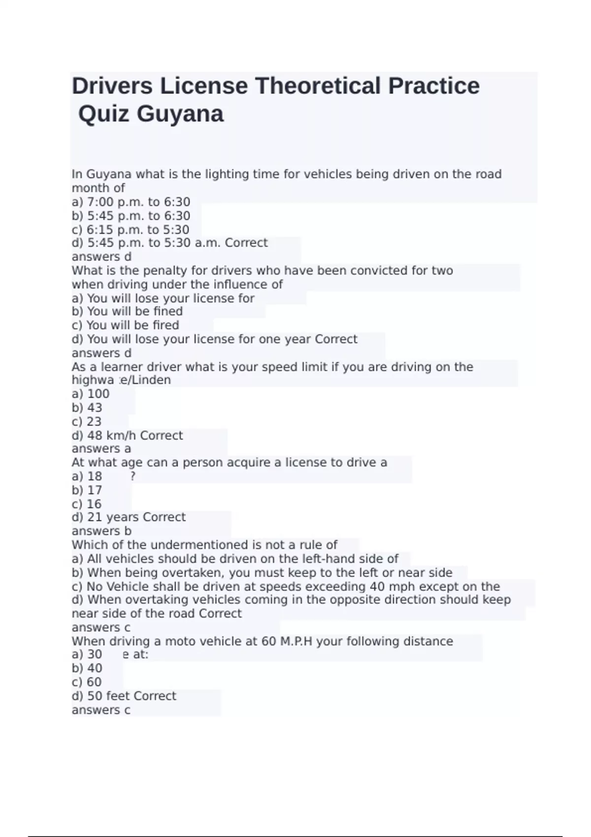 Drivers License Theoretical Practice Quiz Guyana exam with correct ...
