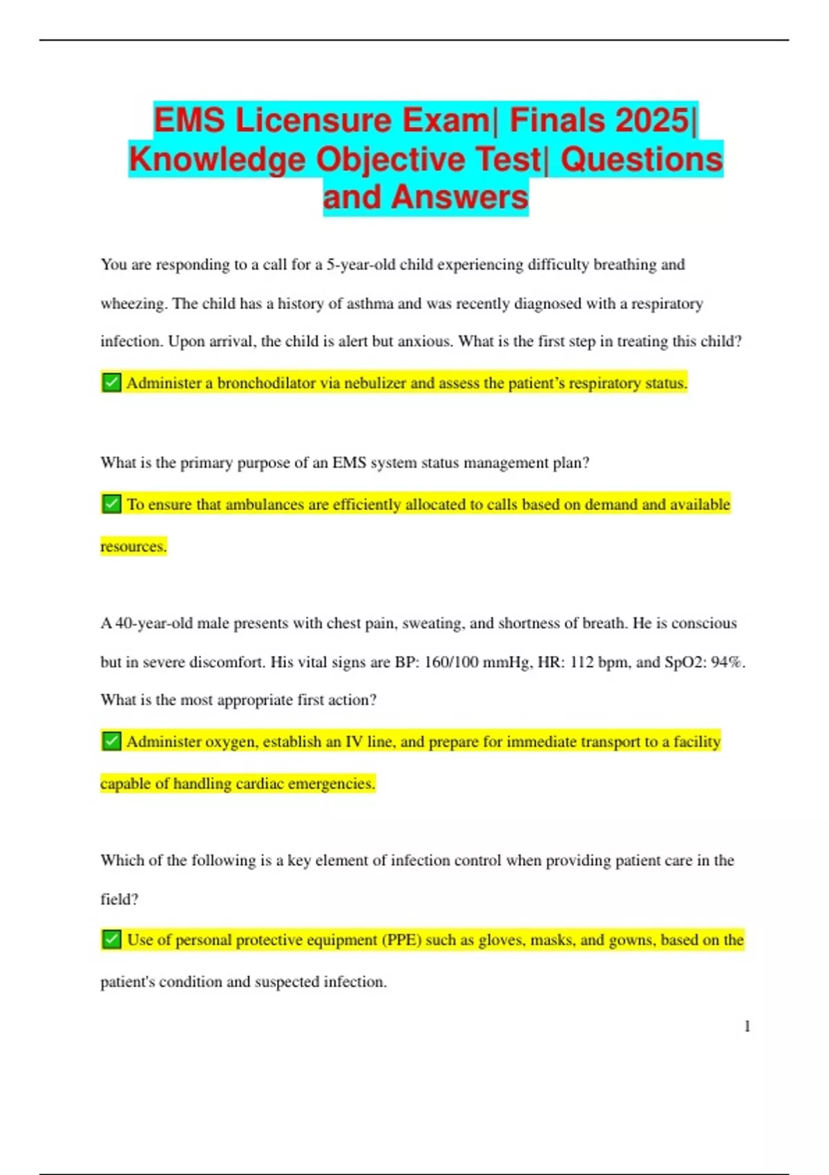 EMS Licensure Exam| Finals 2025| Knowledge Objective Test| Questions ...
