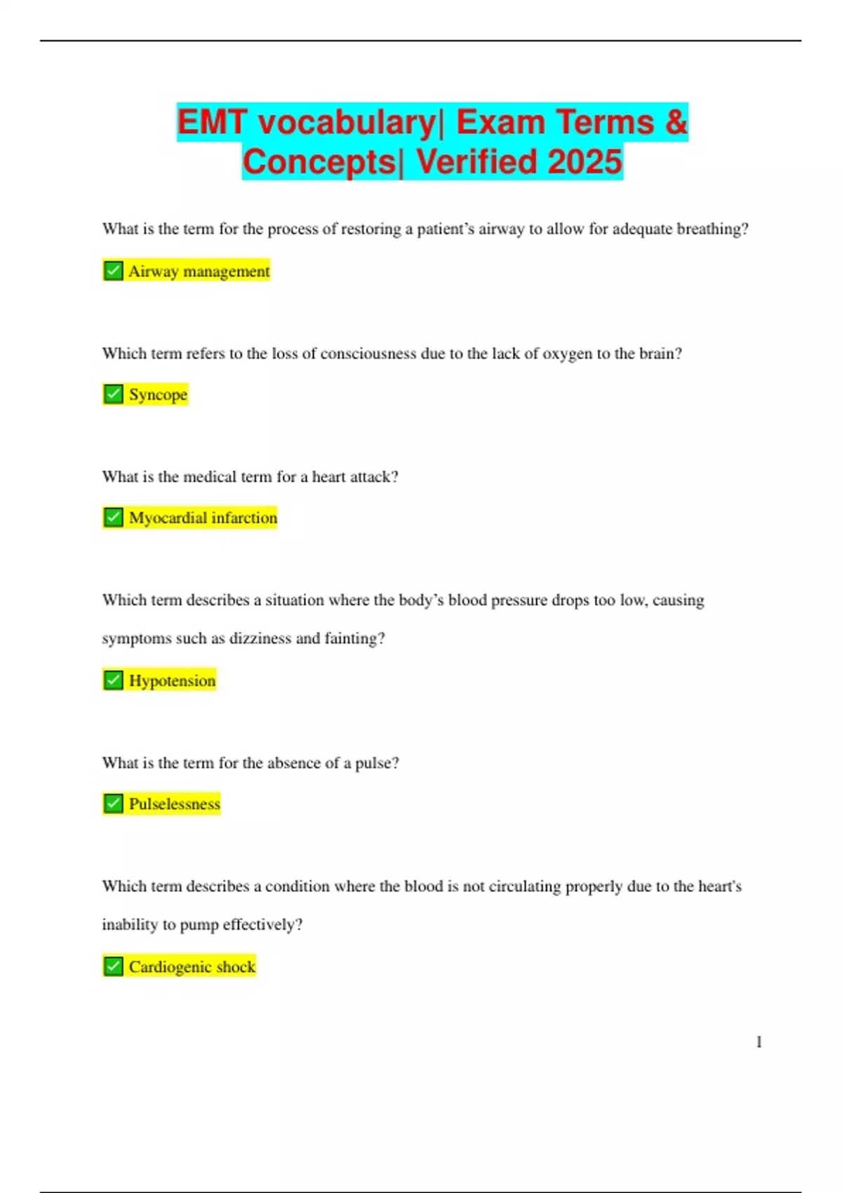 EMT vocabulary| Exam Terms & Concepts| Verified 2025 - EMS/EMT - Stuvia US