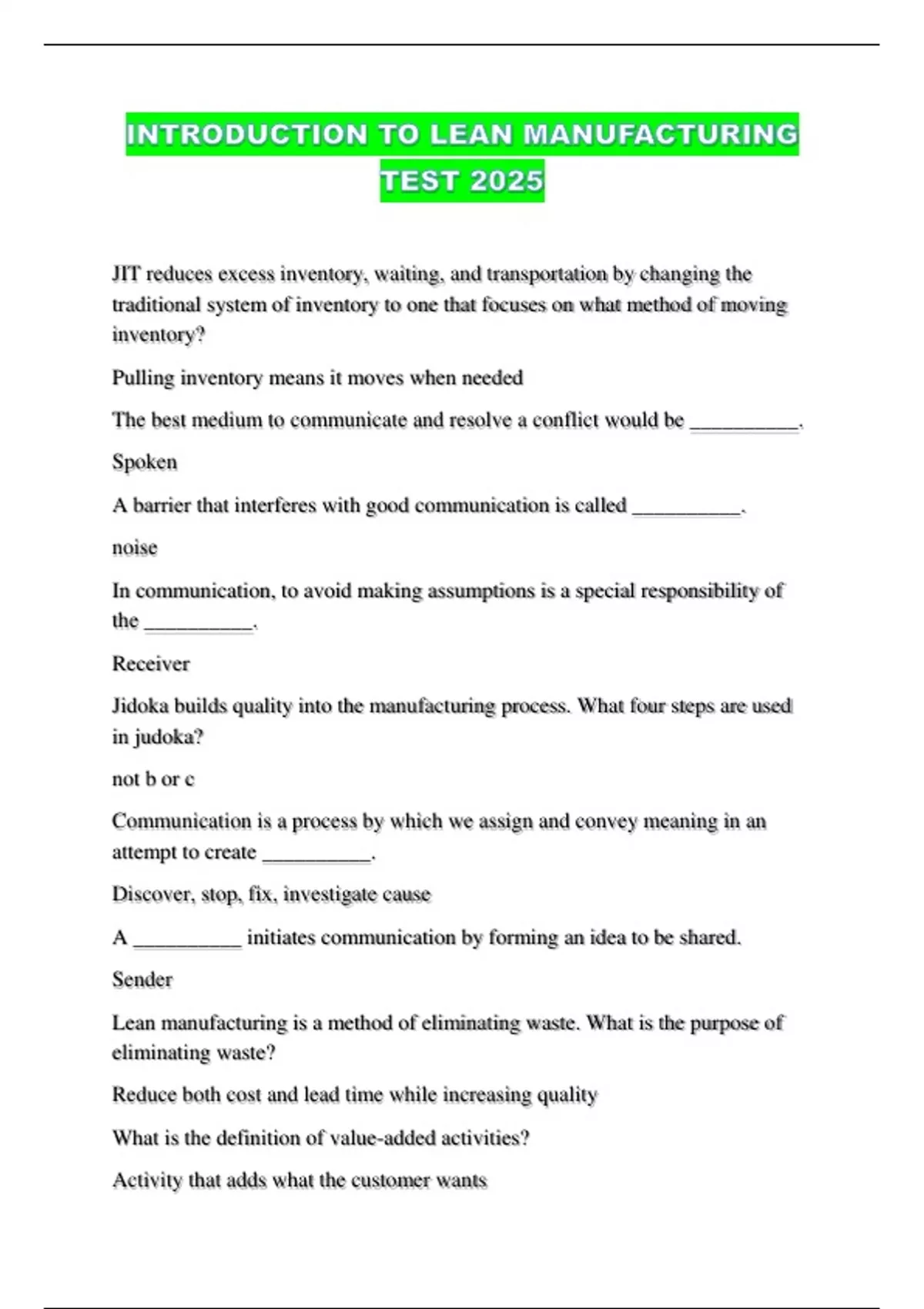 INTRODUCTION TO LEAN MANUFACTURING TEST 2025 - LEAN MANUFACTURING ...