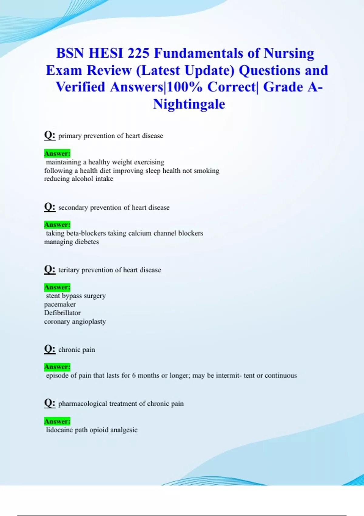 BSN HESI 225 Fundamentals of Nursing Exam Review (Latest 2024/ 2025 ...