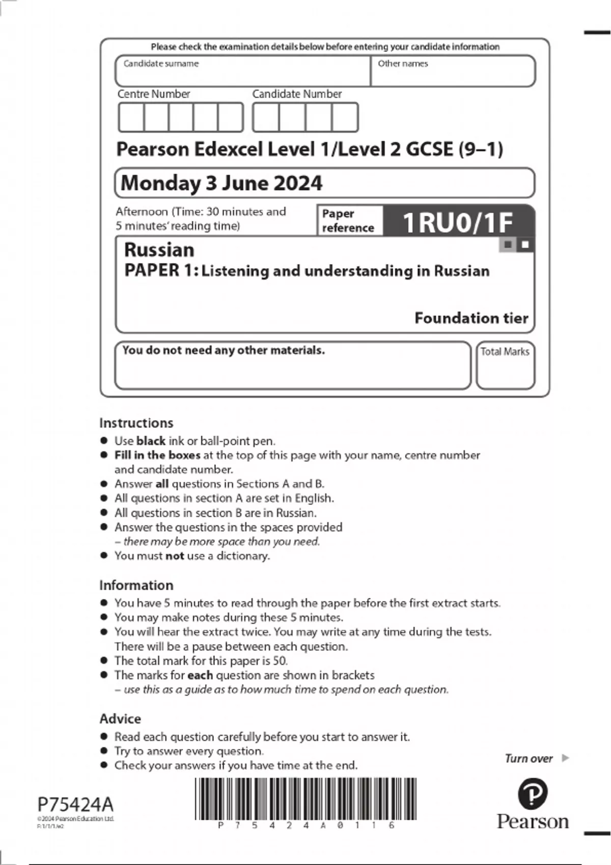 2024 GCSE Pearson Edexcel Level 1/Level 2 GCSE (9–1) Russian PAPER 1 ...