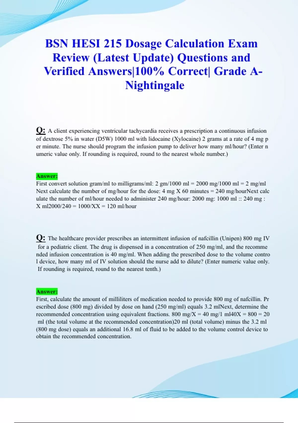 BSN HESI 215 Dosage Calculation Exams (Latest 2024/ 2025 Updates STUDY ...