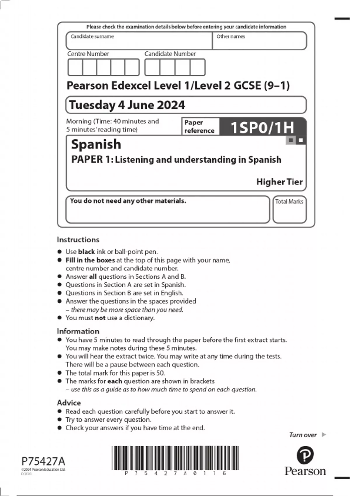 2024 GCSE Pearson Edexcel Level 1/Level 2 GCSE (9–1) Spanish PAPER 1 ...
