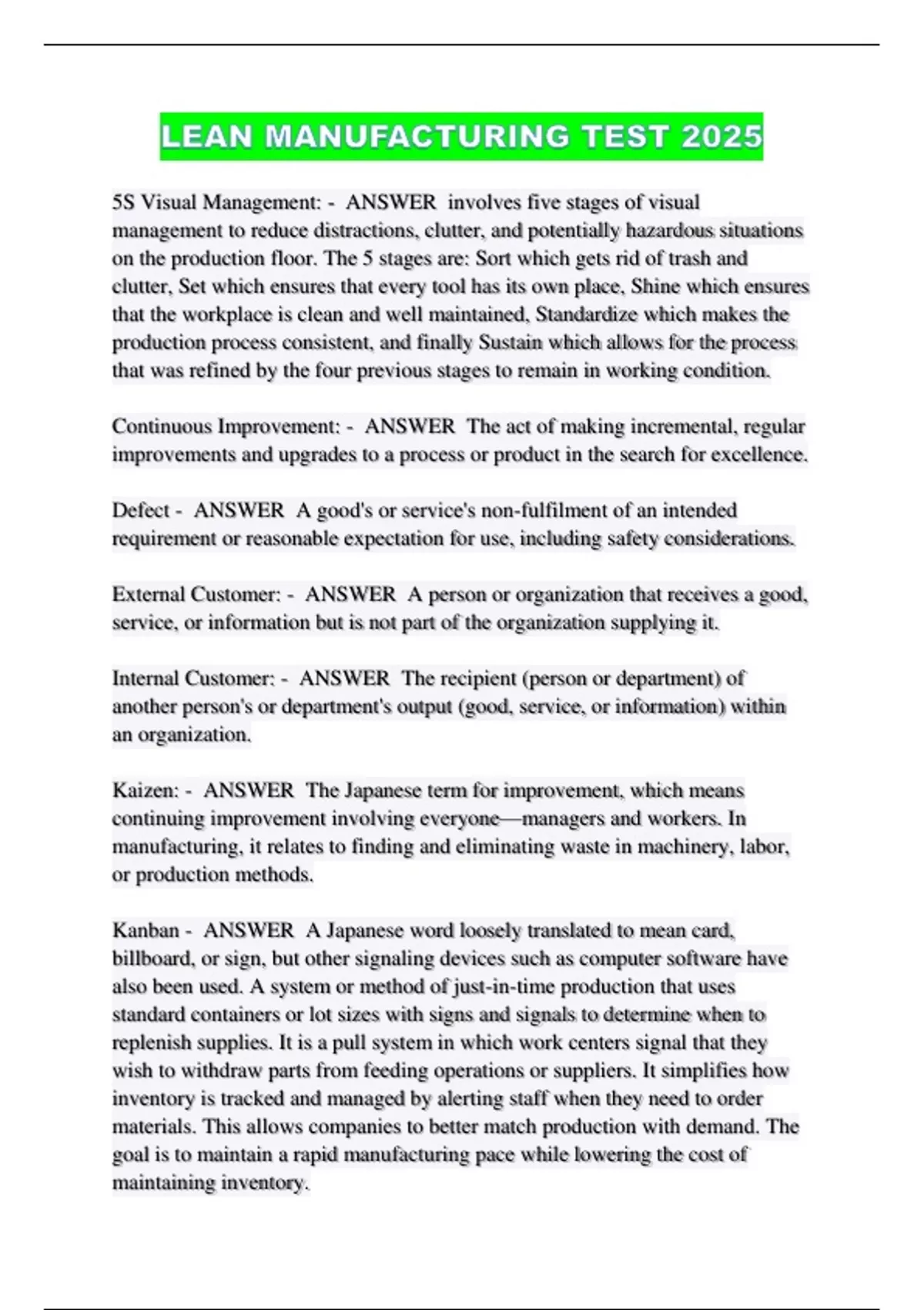 LEAN MANUFACTURING TEST 2025 - LEAN MANUFACTURING - Stuvia US