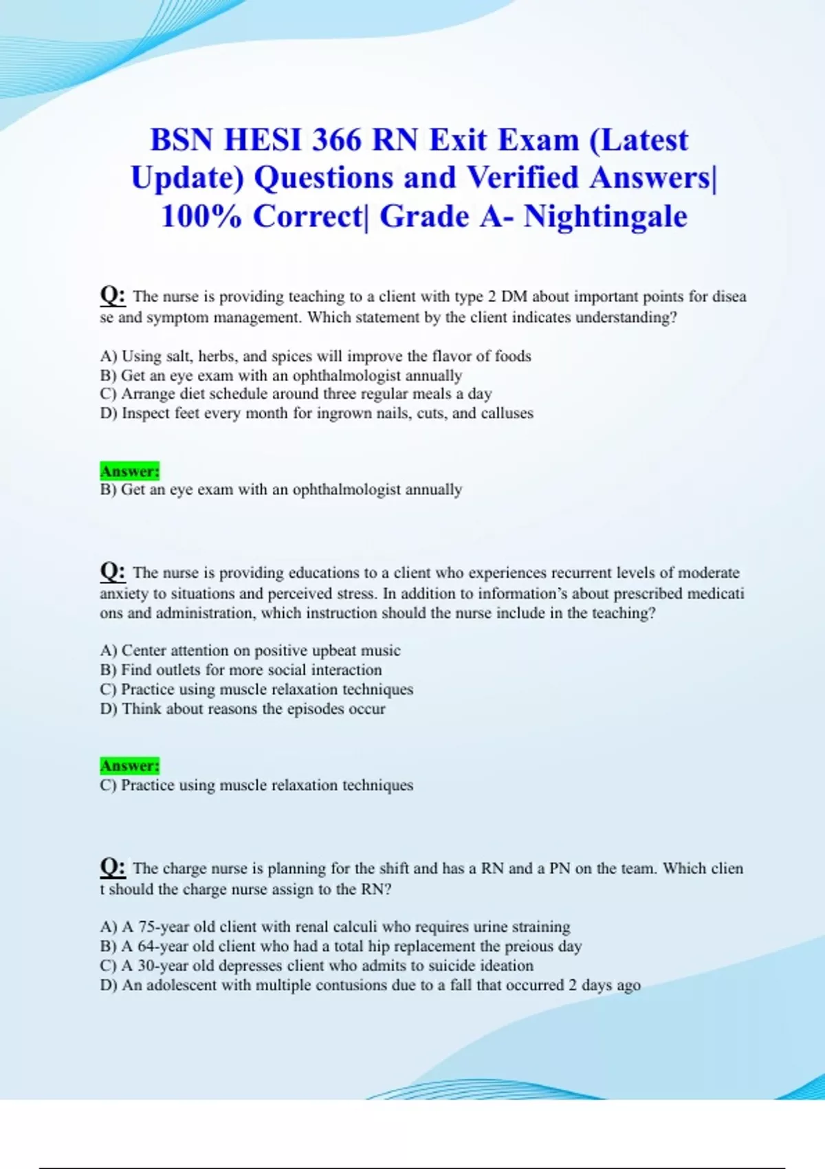 BSN HESI 366 RN Exit Exam (Latest 2024/ 2025 Update) Questions and ...