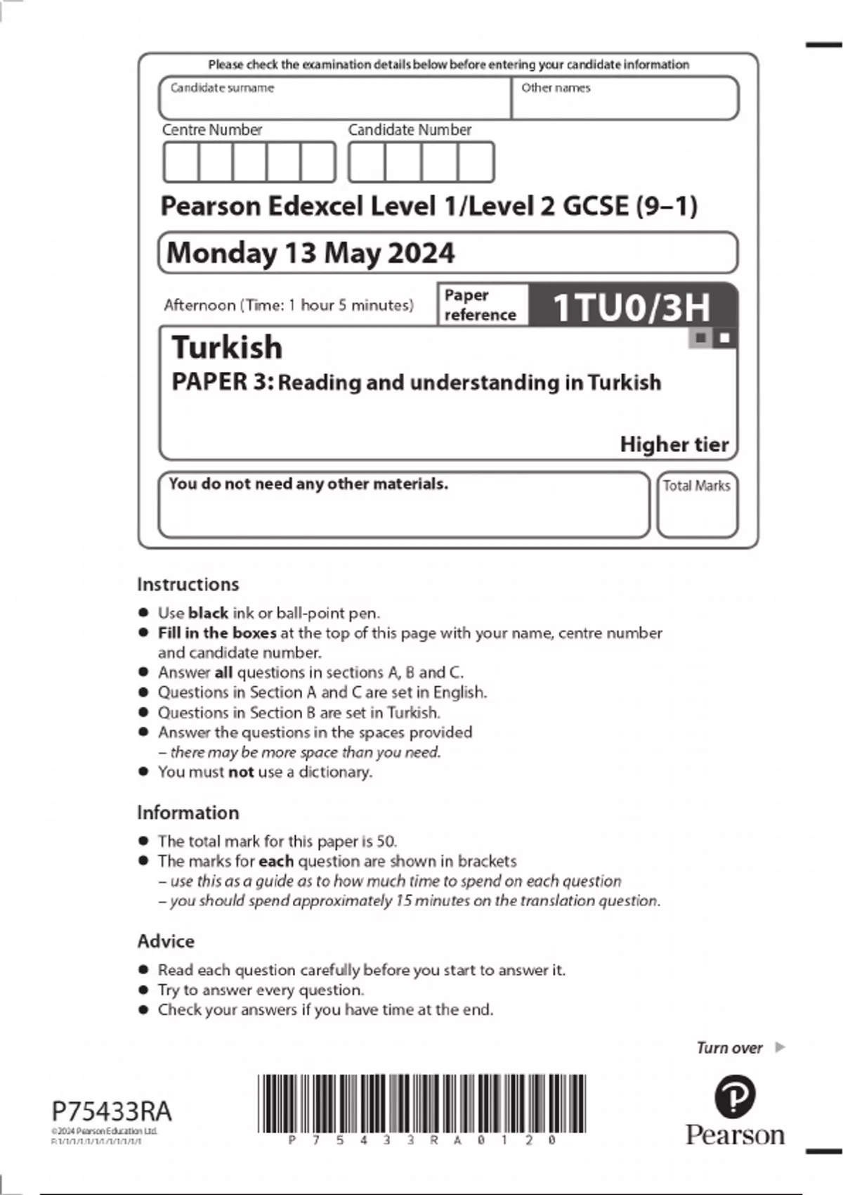 2024 GCSE Pearson Edexcel Level 1/Level 2 GCSE (9–1) Turkish PAPER 3 ...