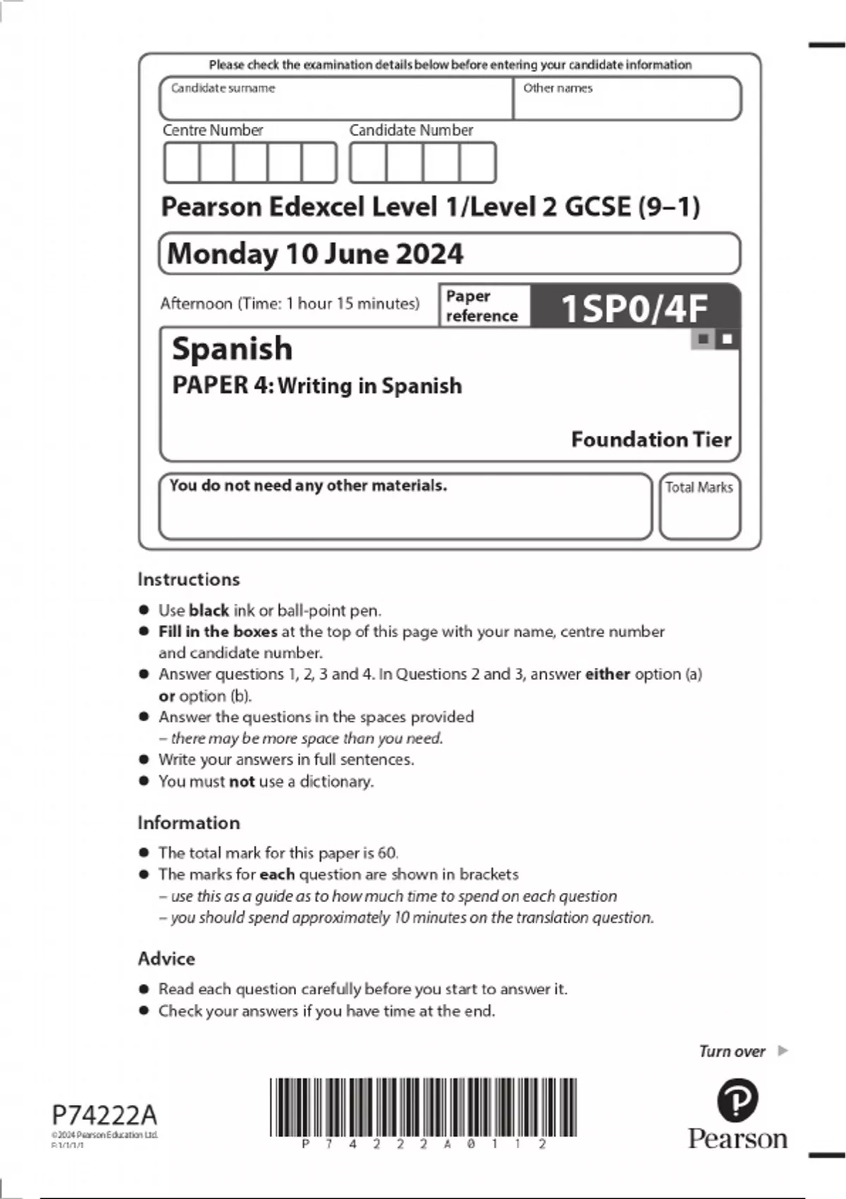 2024 GCSE Pearson Edexcel Level 1/Level 2 GCSE (9–1) Spanish PAPER 4 ...