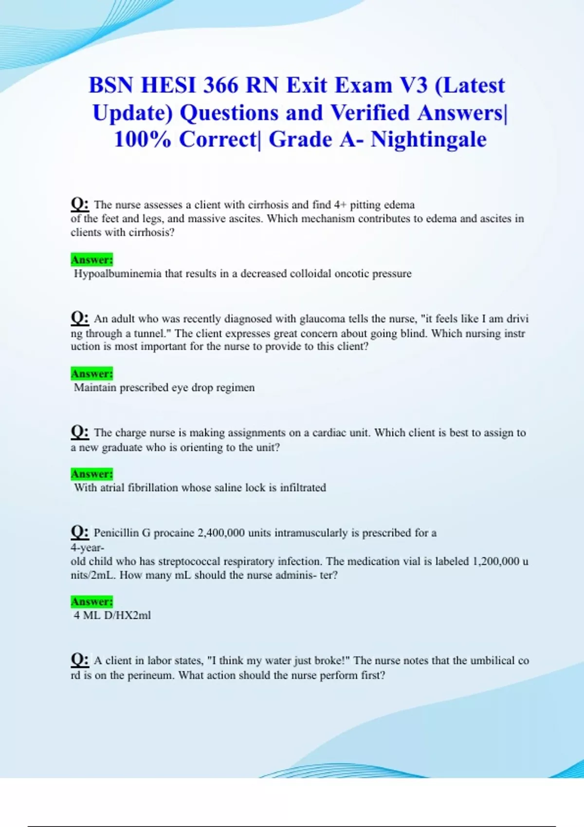 BSN HESI 366 RN Exit Exam V3 (Latest 2024/ 2025 Update) Questions and ...