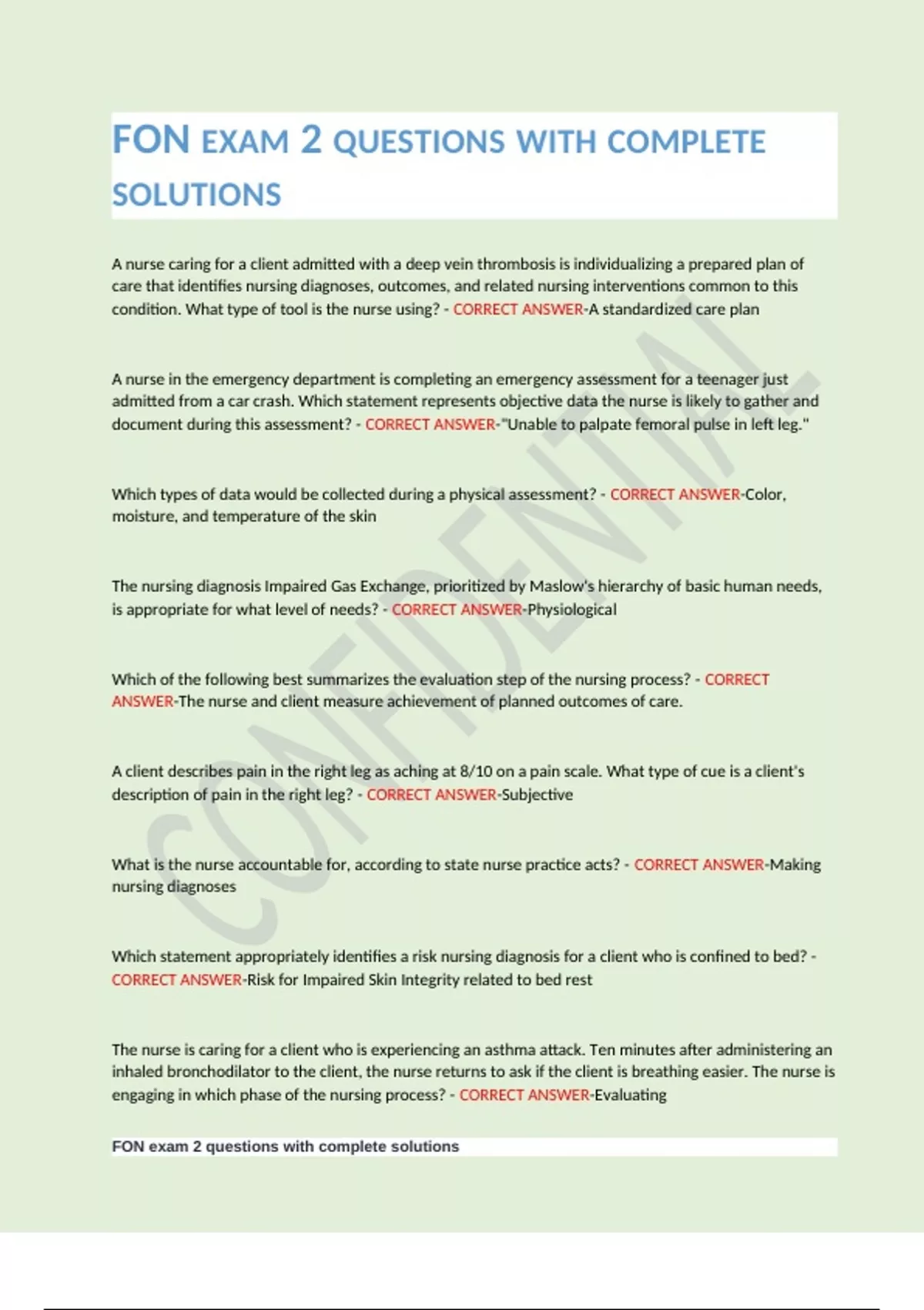 FON EXAM 2 QUESTIONS WITH COMPLETE SOLUTIONS - FON - Stuvia US