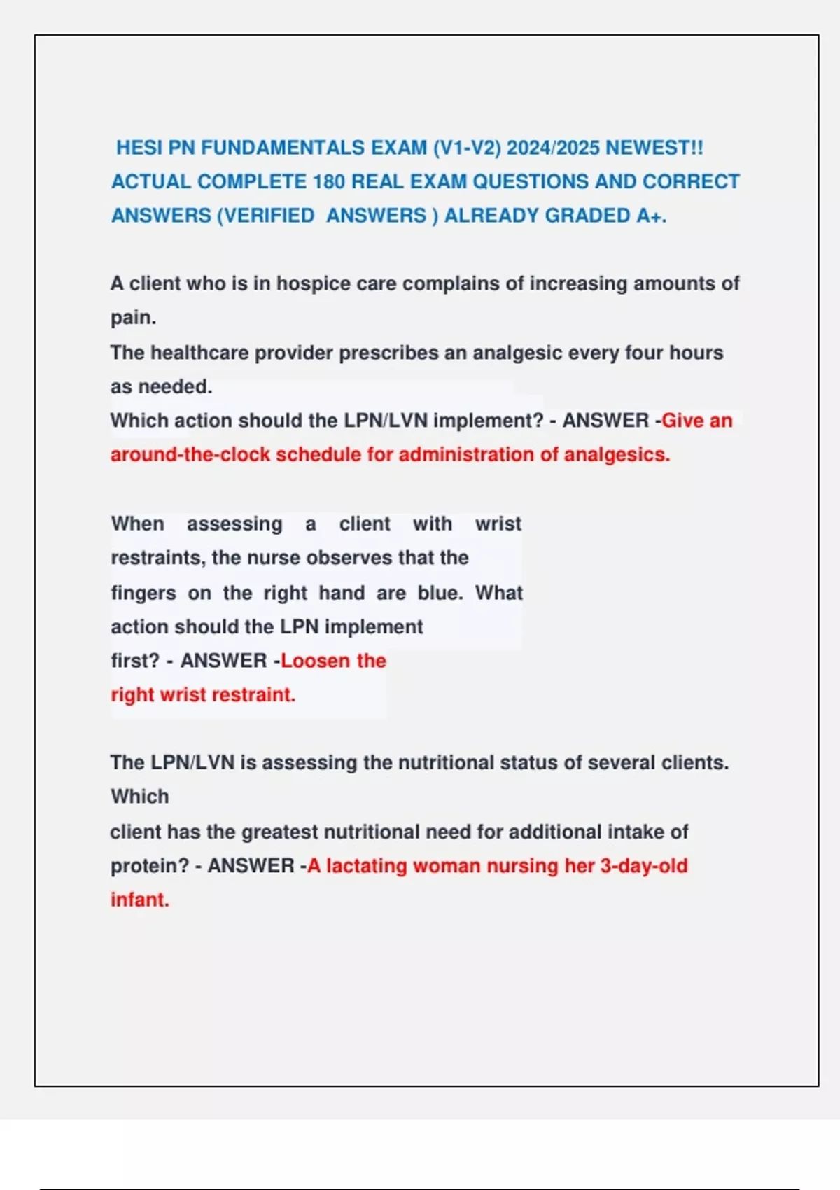 HESI PN FUNDAMENTALS EXAM (V1-V2) 2024/2025 NEWEST!! ACTUAL COMPLETE ...