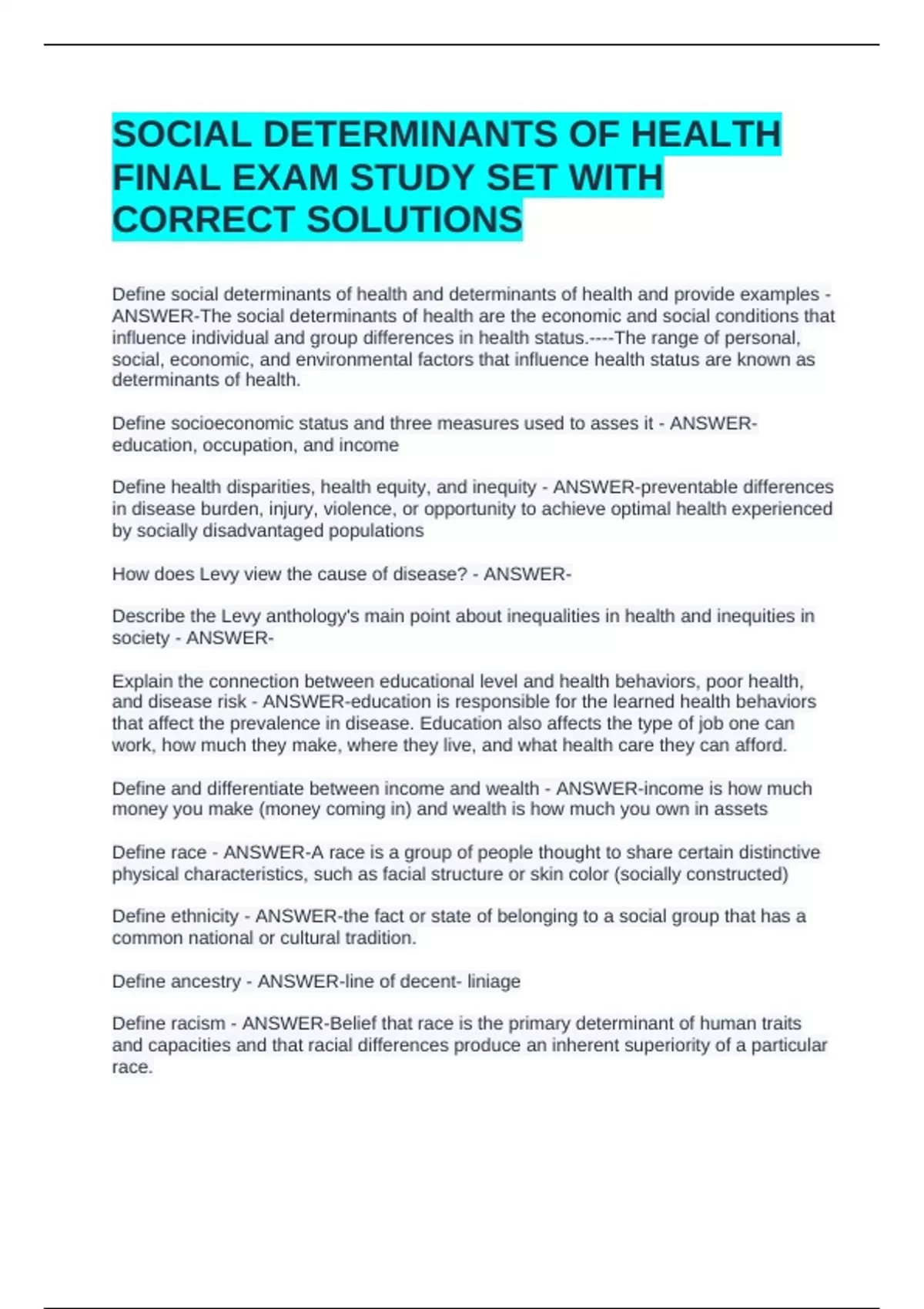 SOCIAL DETERMINANTS OF HEALTH FINAL EXAM STUDY SET WITH CORRECT ...