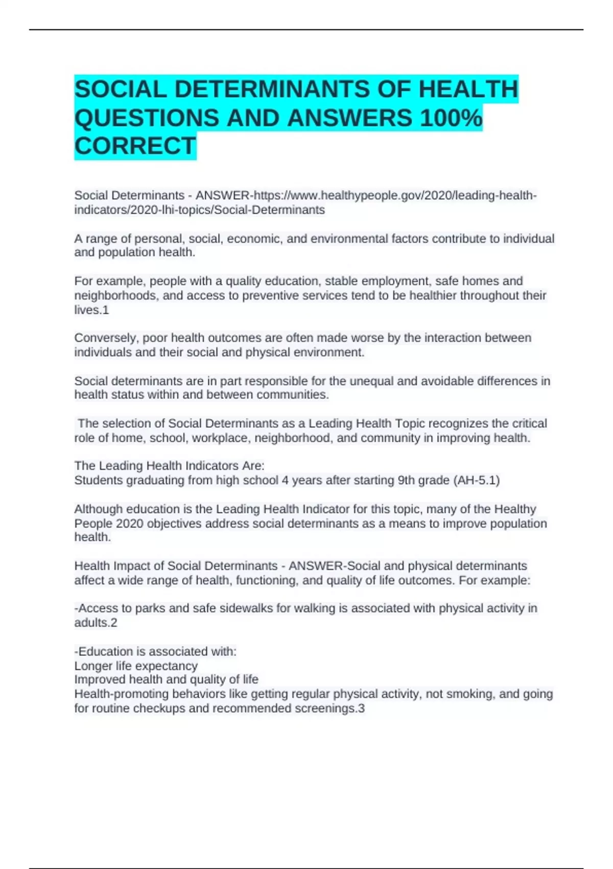 SOCIAL DETERMINANTS OF HEALTH QUESTIONS AND ANSWERS 100% CORRECT ...