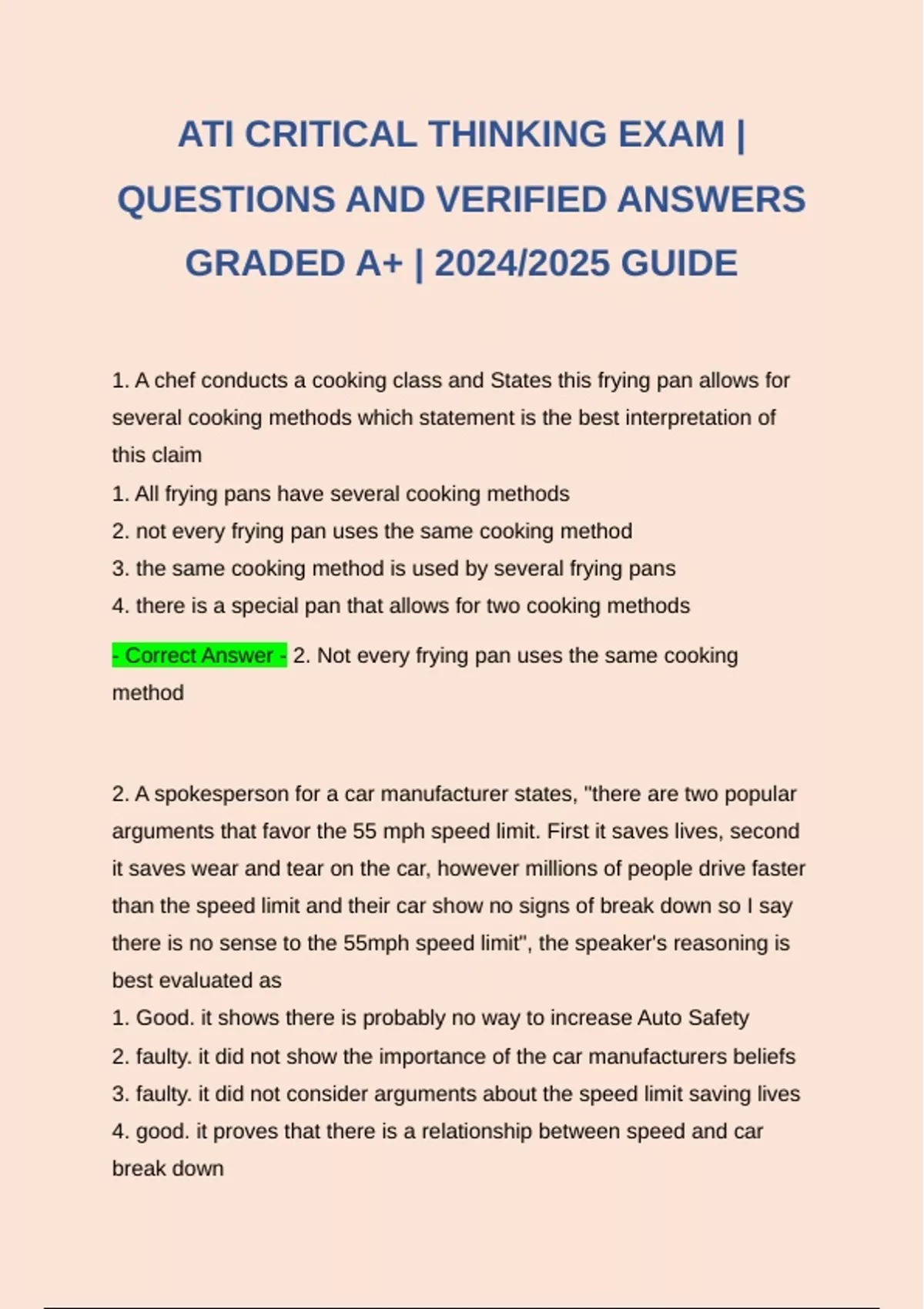 ATI CRITICAL THINKING EXAM | QUESTIONS AND VERIFIED ANSWERS GRADED A+ ...