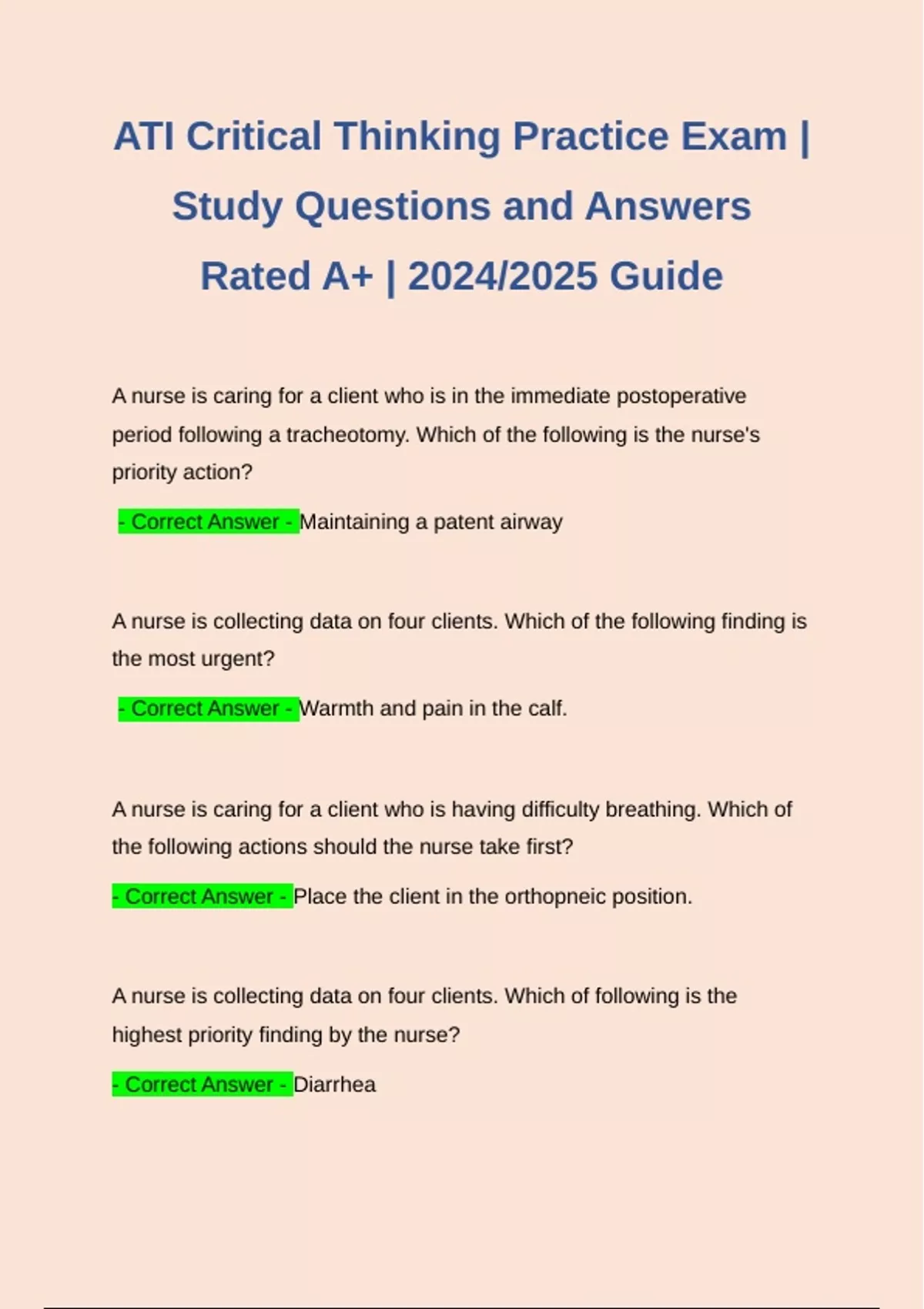 ATI Critical Thinking Practice Exam | Study Questions and Answers Rated ...