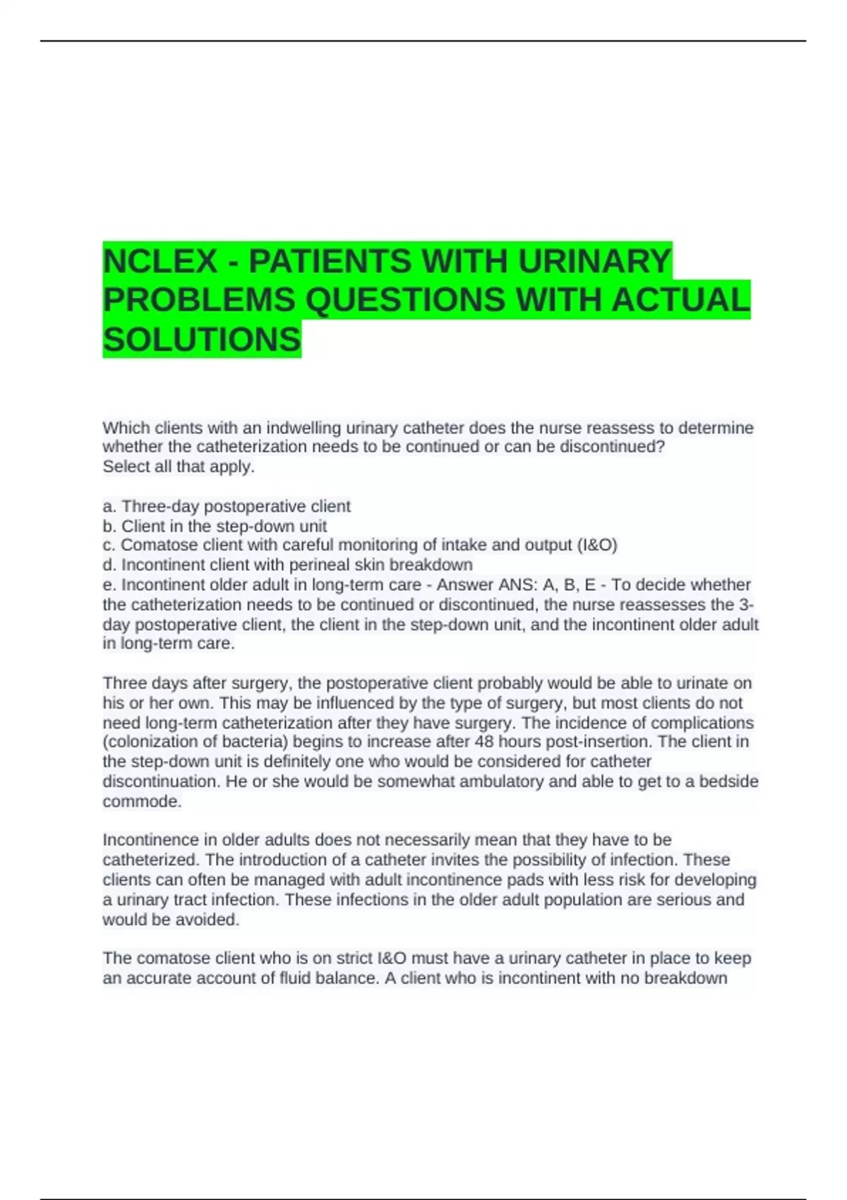NCLEX - PATIENTS WITH URINARY PROBLEMS QUESTIONS WITH ACTUAL SOLUTIONS ...