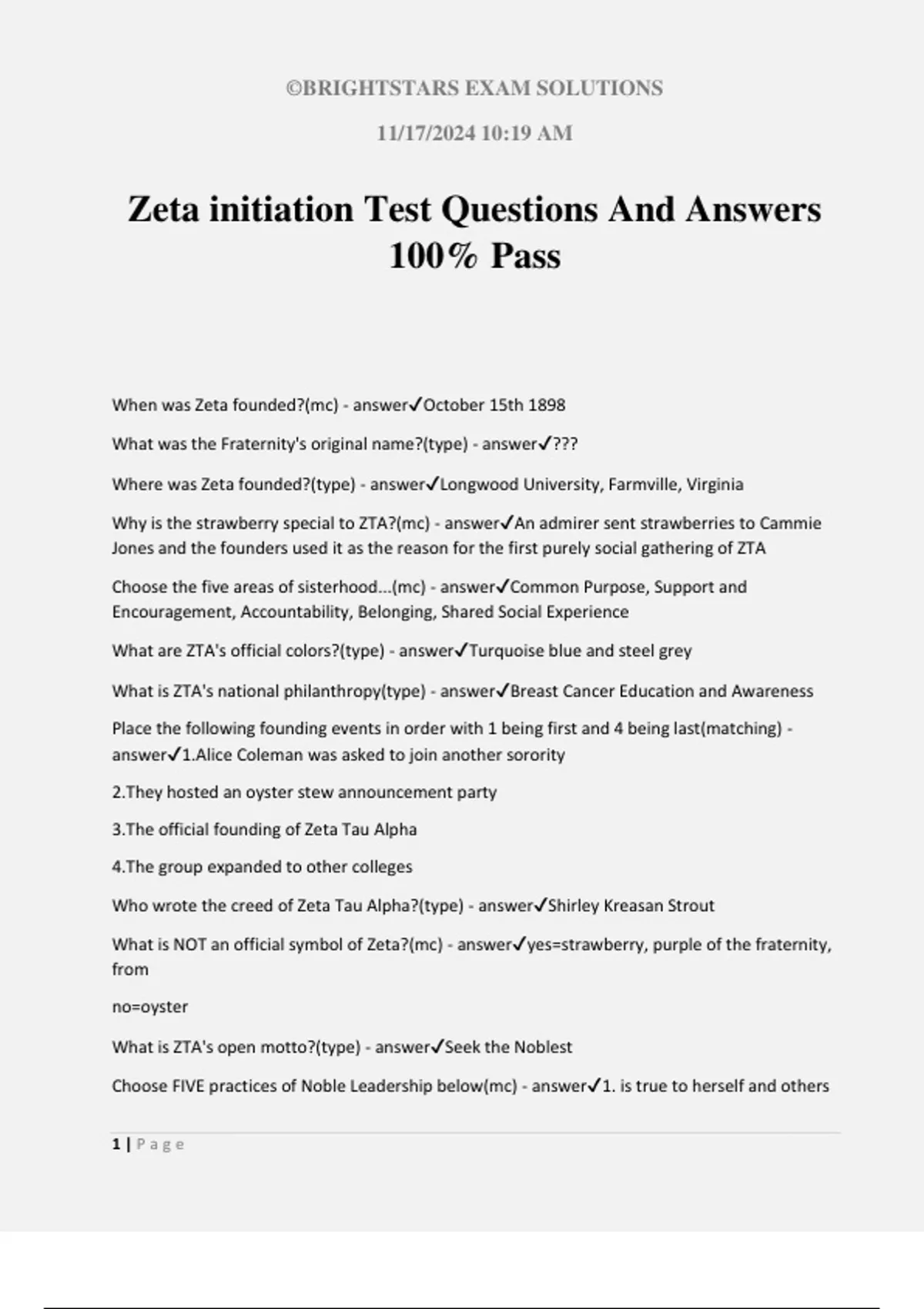 Zeta initiation Test Questions And Answers 100% Pass - Zeta Tau Alpha ...