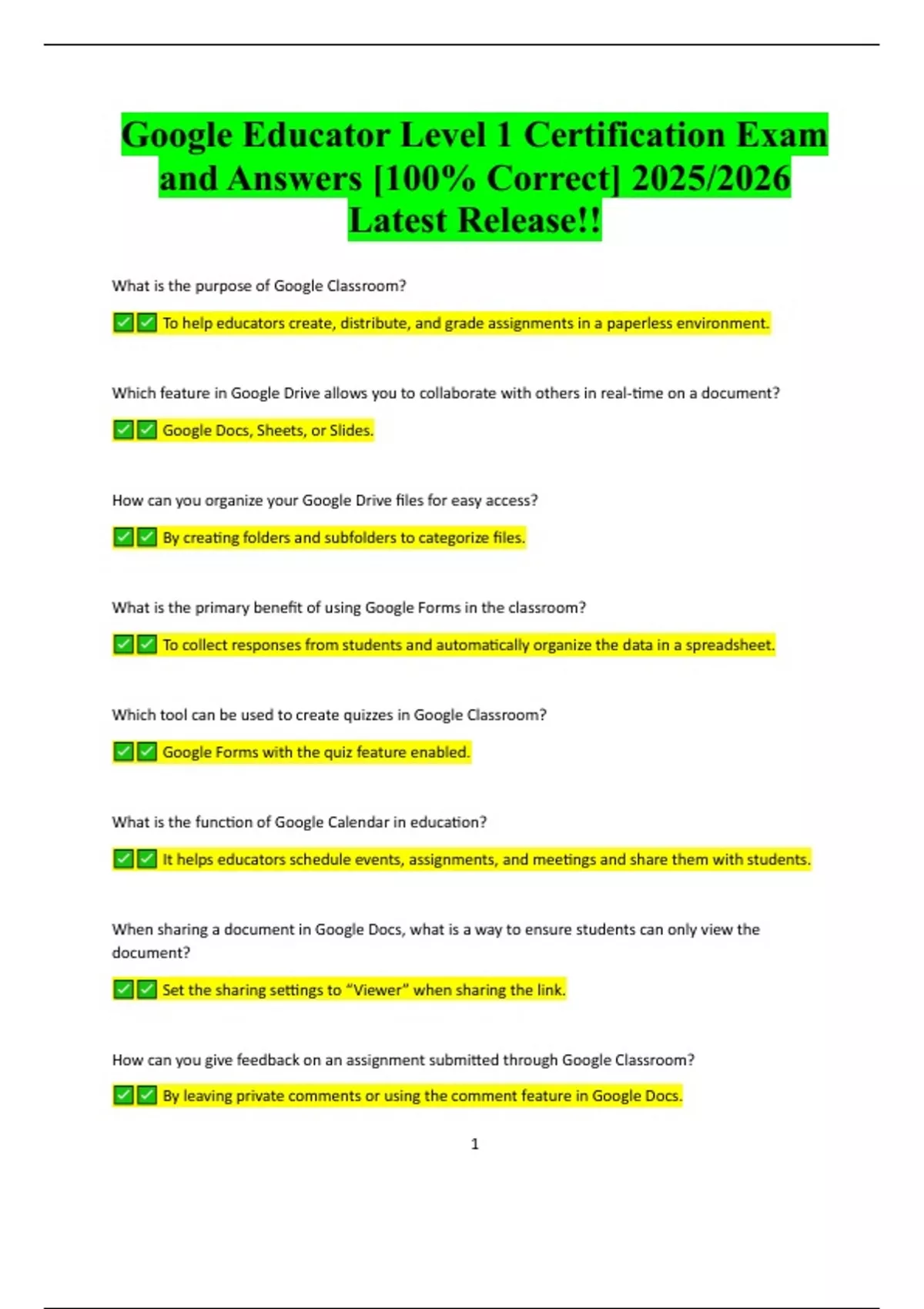 Google Educator Level 1 Certification Exam and Answers [100% Correct ...
