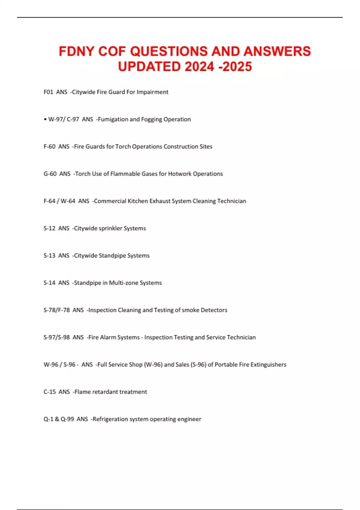 FDNY COF QUESTIONS AND ANSWERS UPDATED - FSDNY S98 - Stuvia US
