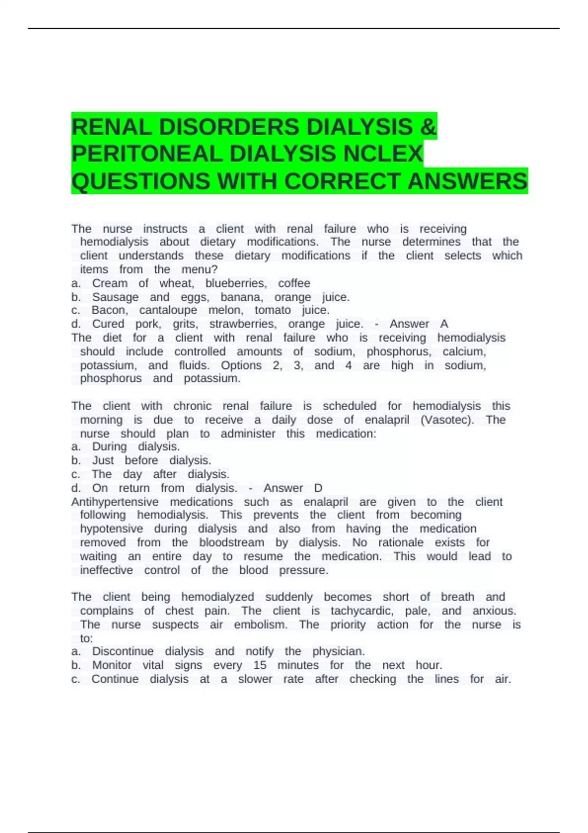 RENAL DISORDERS DIALYSIS & PERITONEAL DIALYSIS NCLEX QUESTIONS WITH ...