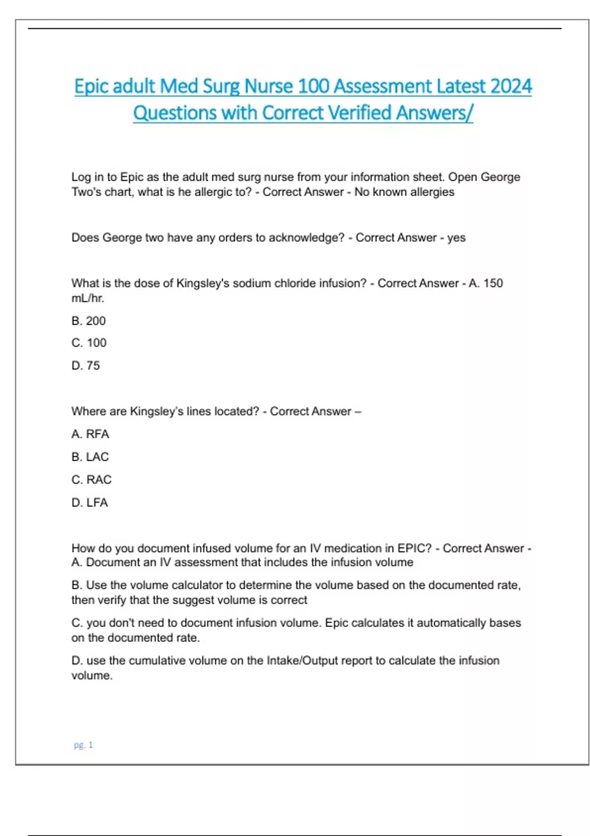 Epic Adult Med Surg Nurse 100 Assessment Latest 2024 Actual Exam ...