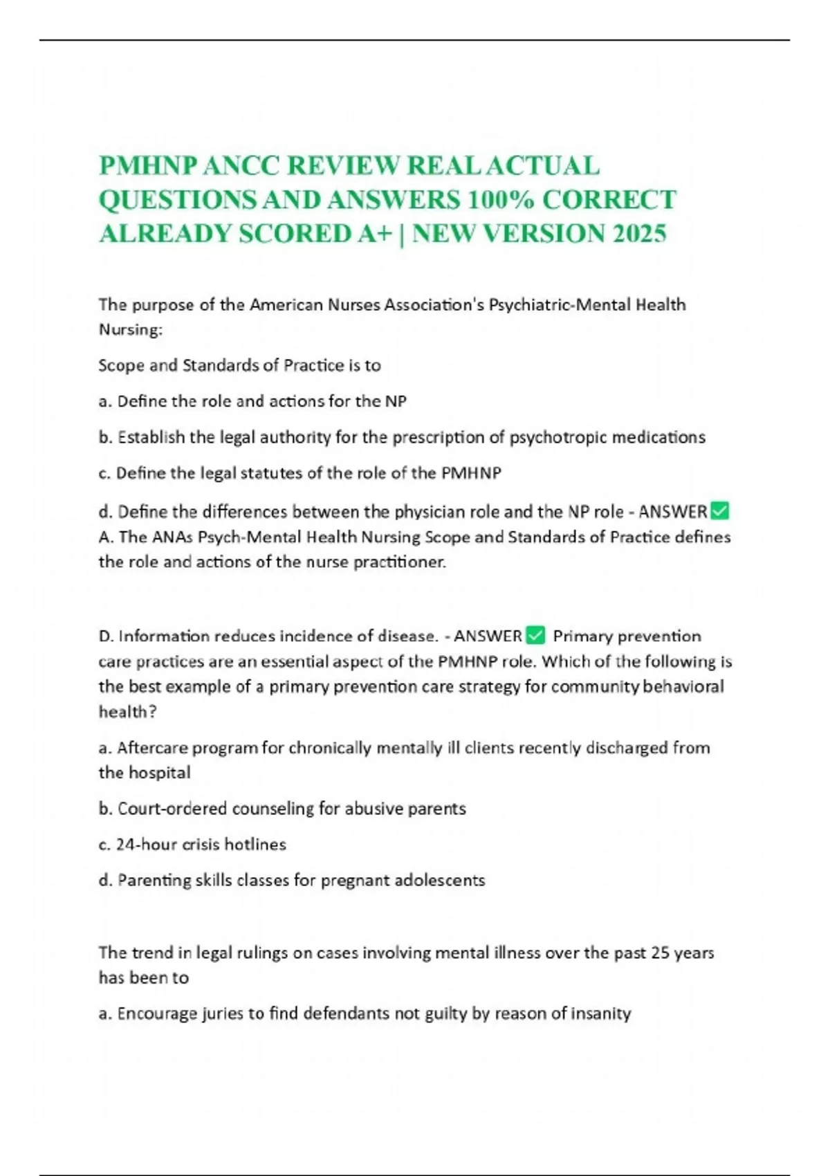 PMHNP ANCC REVIEW REAL ACTUAL QUESTIONS AND ANSWERS 100% CORRECT ...