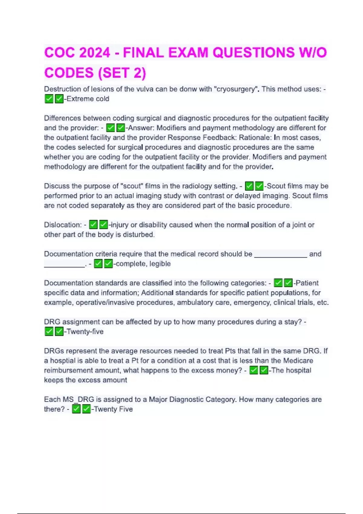 COC 2024 - FINAL EXAM QUESTIONS W O CODES (SET 2), ACTUAL EXAM - AAPC CPC 2024/2025 - Stuvia US