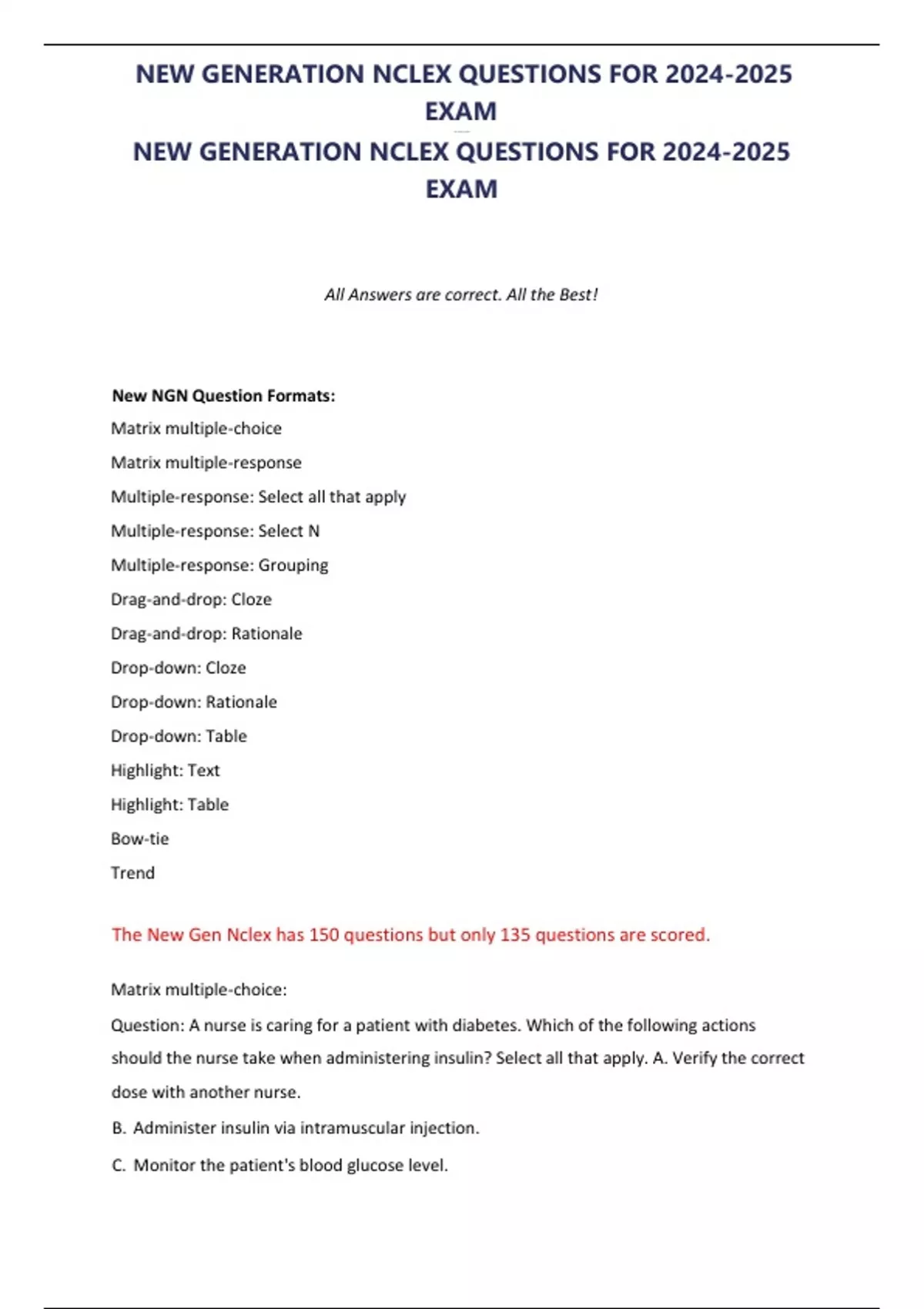 NEW GENERATION NCLEX QUESTIONS FOR EXAM - RN- Nursing - Stuvia US