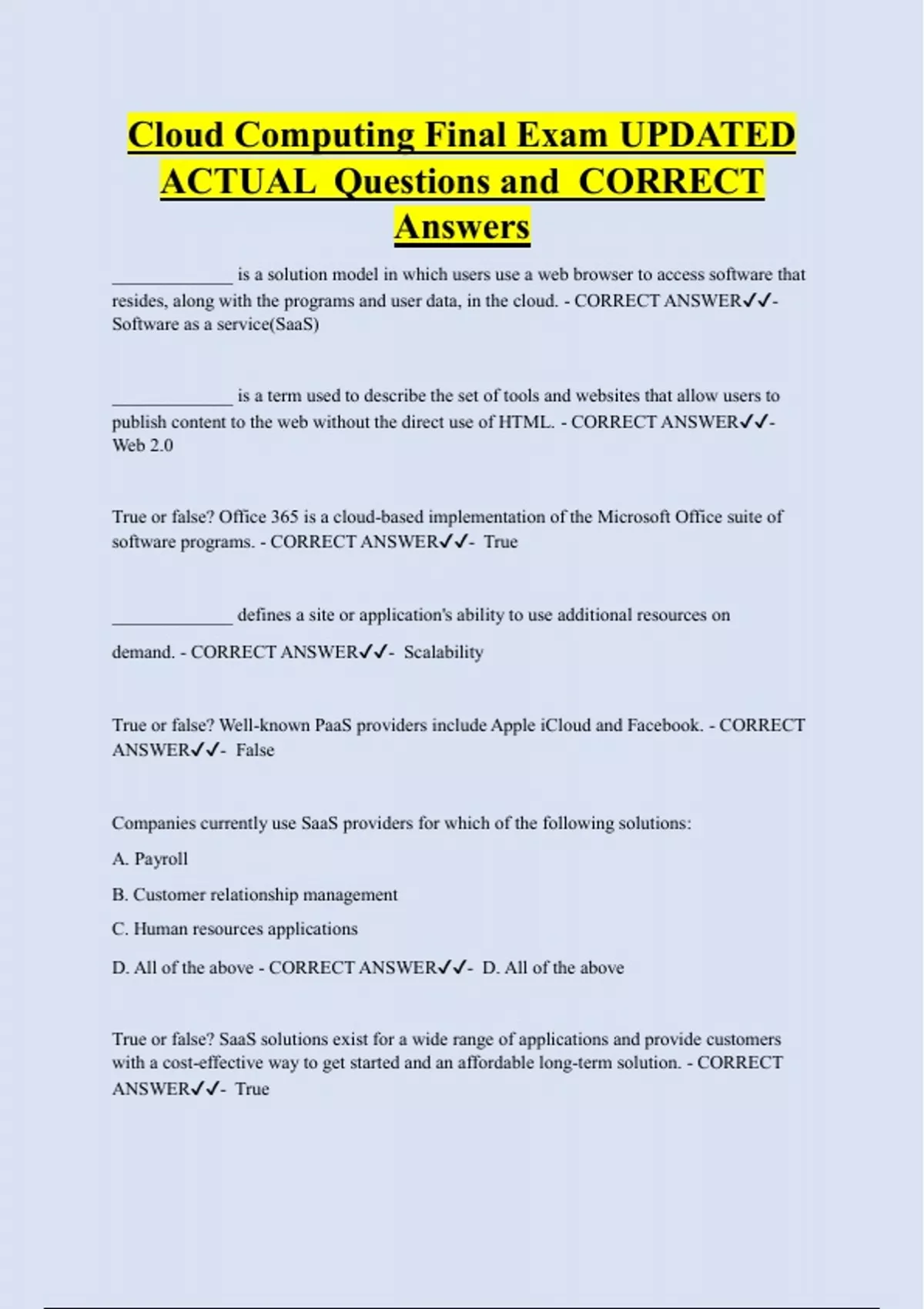 Cloud Computing Final Exam UPDATED Questions and CORRECT Answers - Cloud Computing - Stuvia US