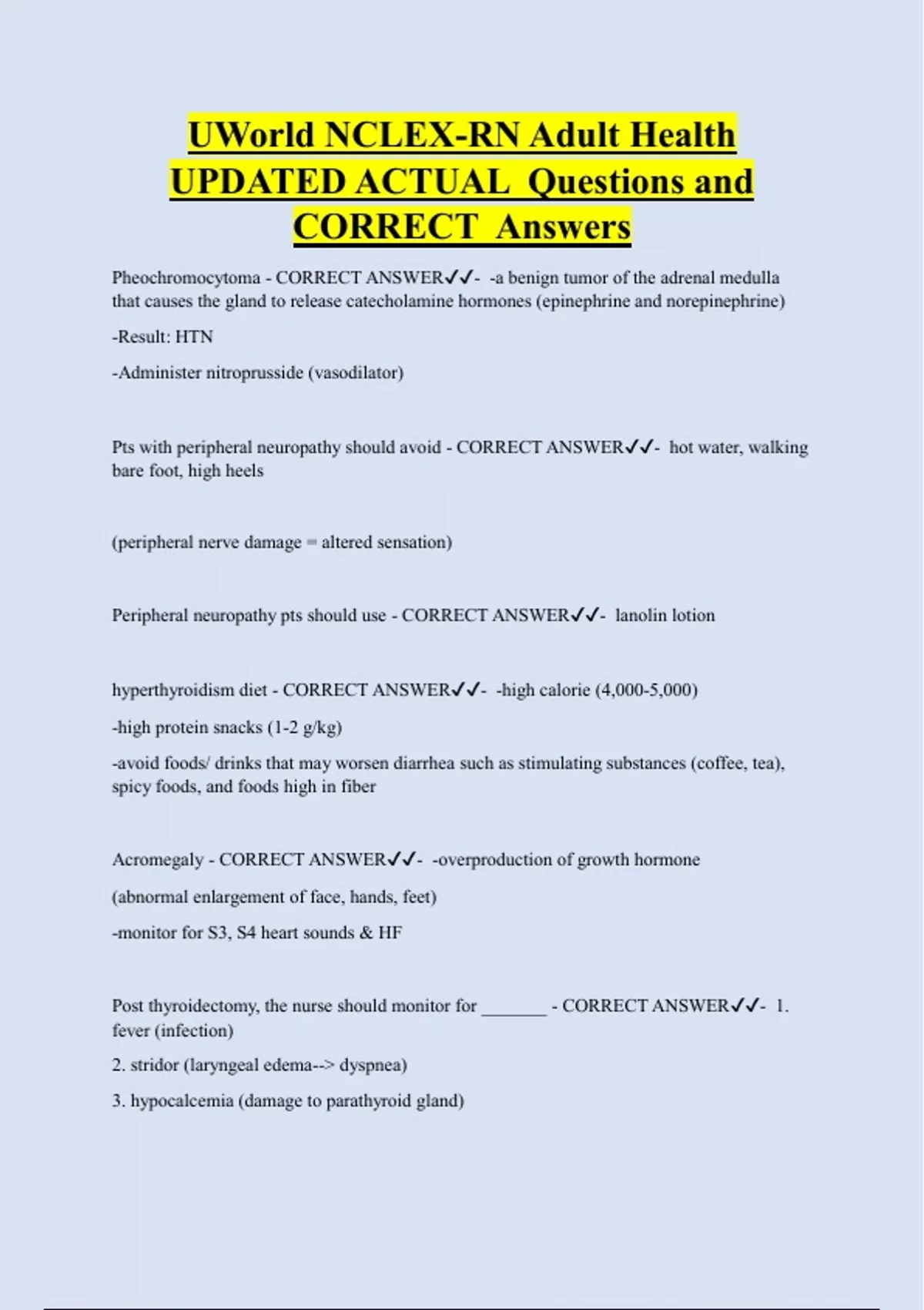 UWorld NCLEX-RN Adult Health UPDATED ACTUAL Questions and CORRECT Answers - UWorld NCLEX-RN ...