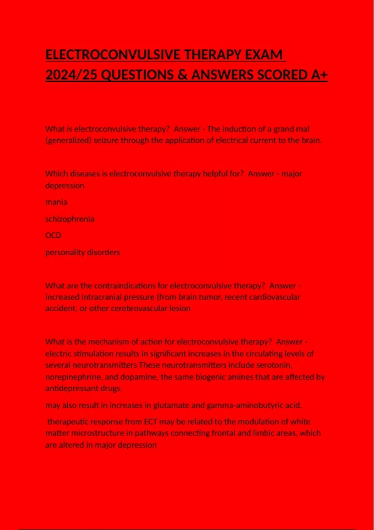 ELECTROCONVULSIVE THERAPY EXAM 2024/25 QUESTIONS & ANSWERS SCORED A+ ...