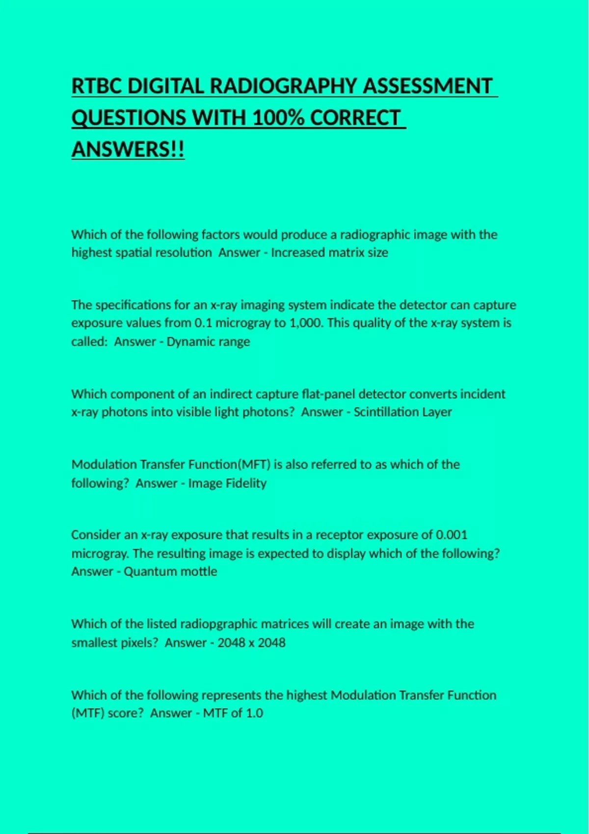 RTBC DIGITAL RADIOGRAPHY ASSESSMENT QUESTIONS WITH 100% CORRECT ANSWERS ...