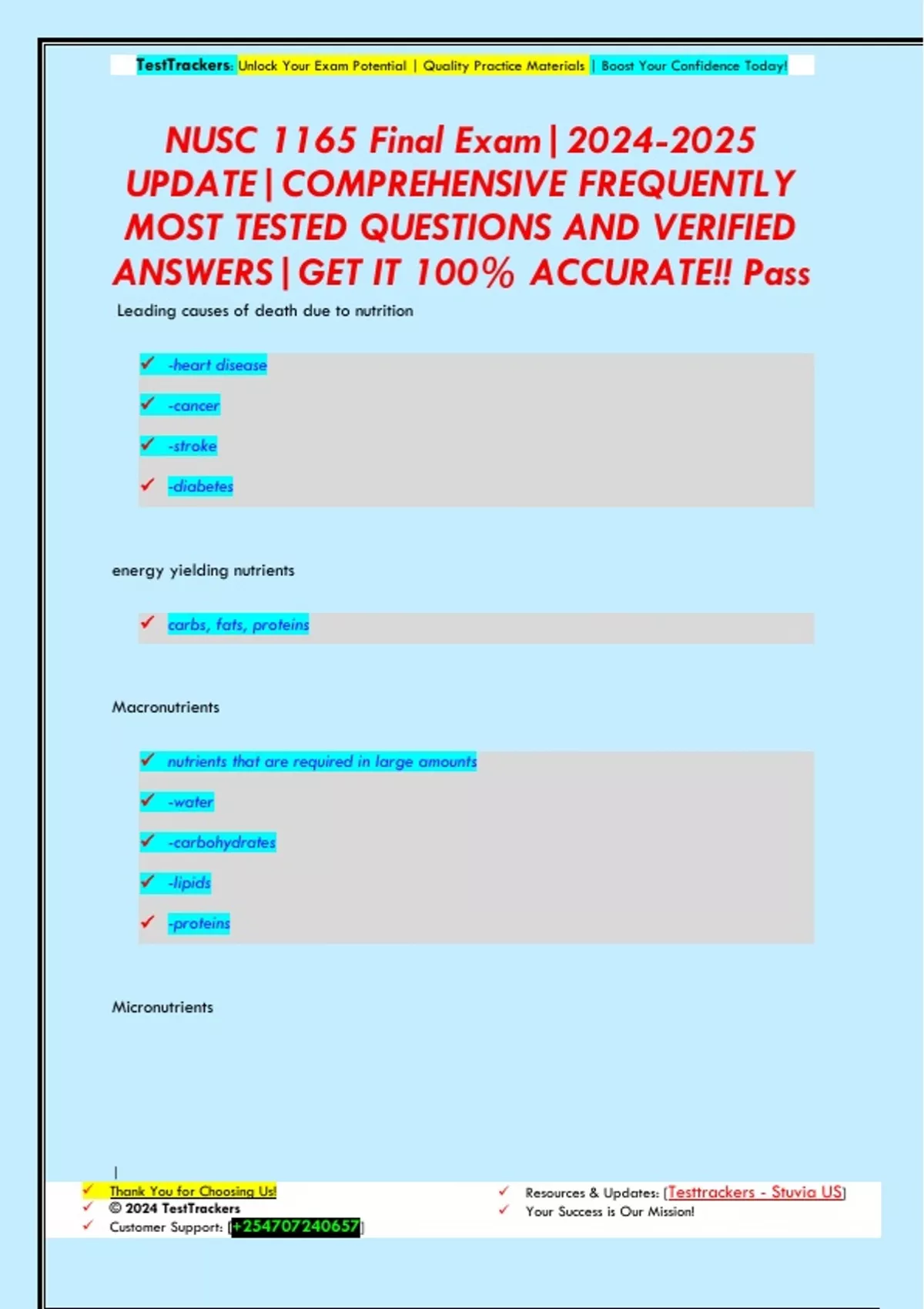NUSC 1165 Final Exam| UPDATE|COMPREHENSIVE FREQUENTLY MOST TESTED ...