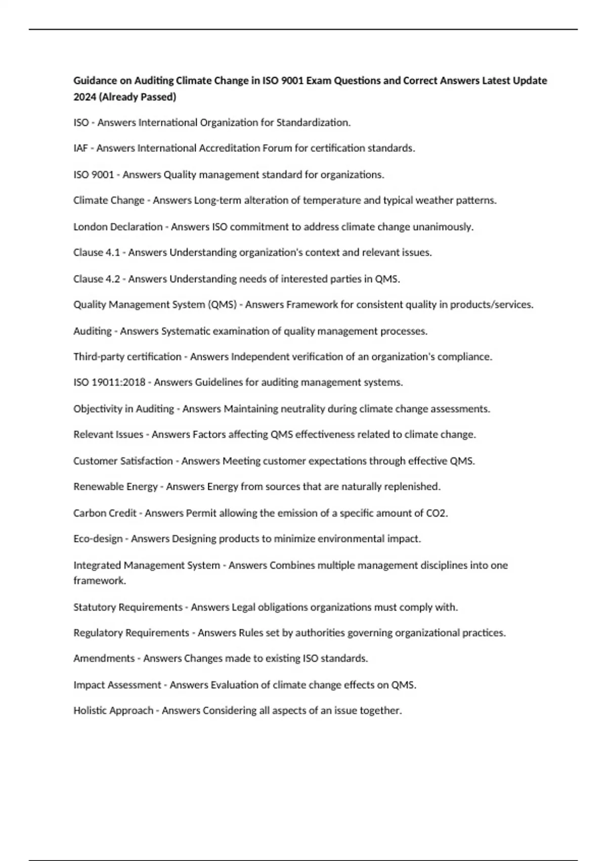 Guidance on Auditing Climate Change in ISO 9001 Exam Questions and ...