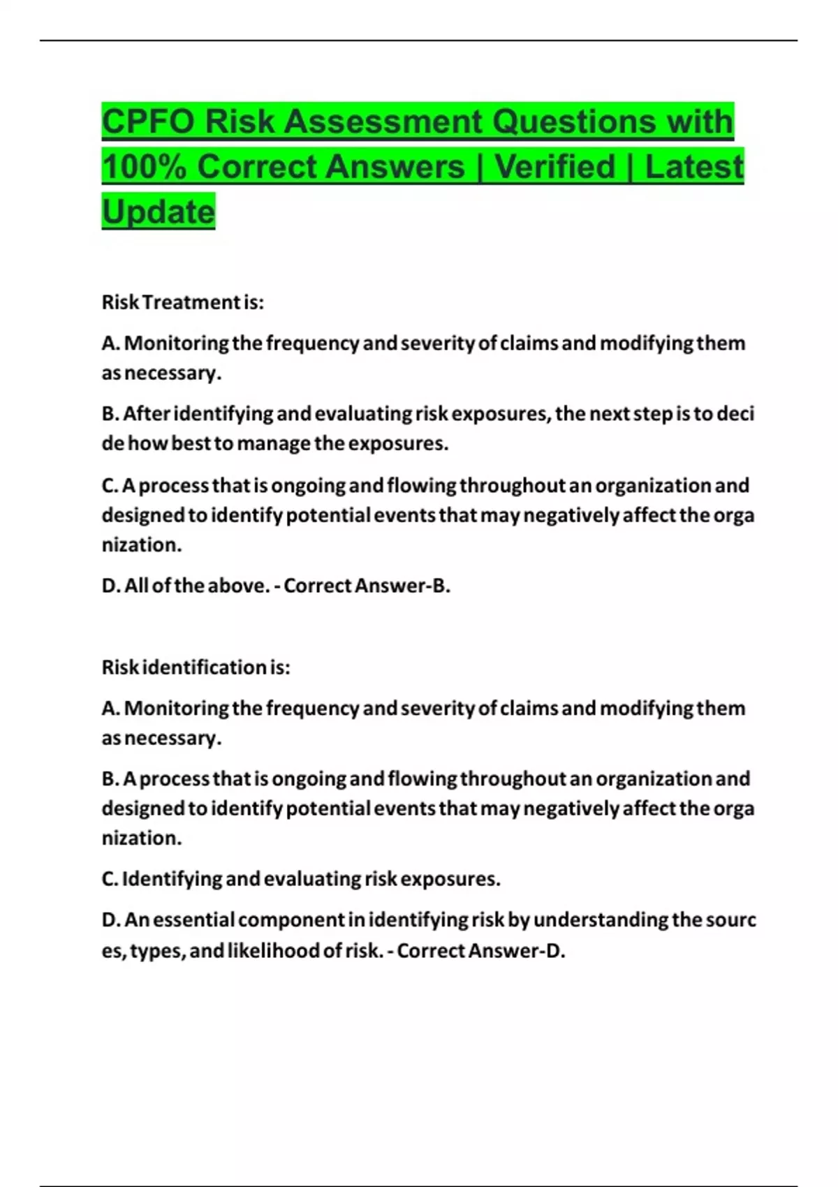CPFO Risk Assessment Questions with 100% Correct Answers | Verified ...