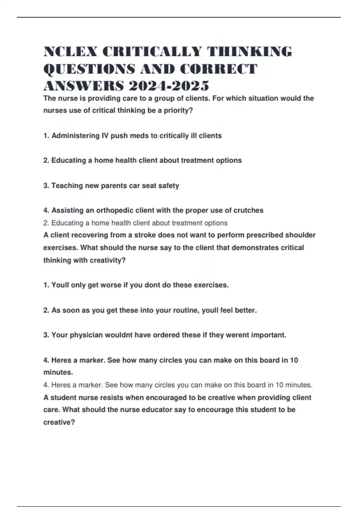 NCLEX CRITICALLY THINKING QUESTIONS AND CORRECT ANSWERS - NCLEX ...