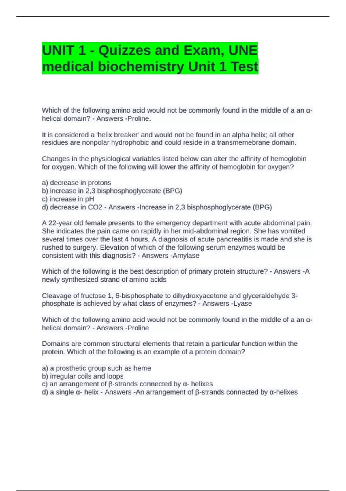 UNIT 1 - Quizzes and Exam, UNE medical biochemistry Unit 1 Test - UNE ...