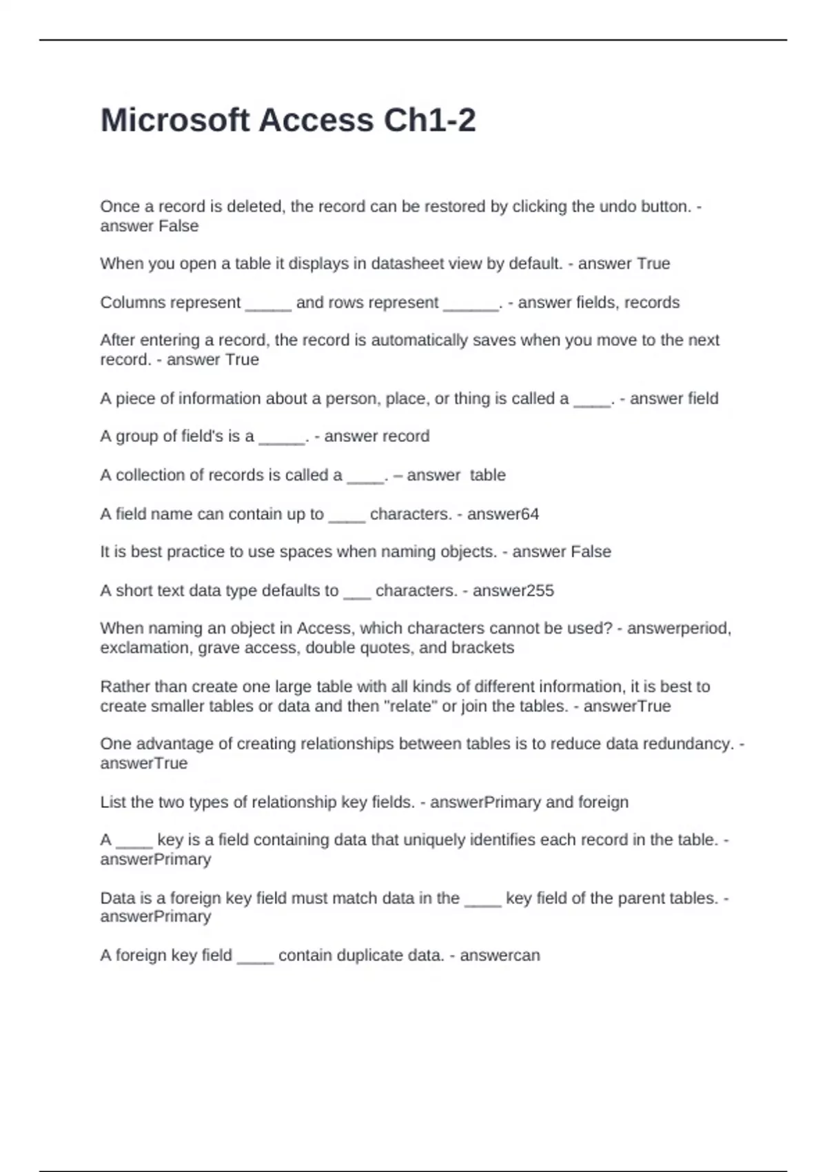 Microsoft Access Ch1-2. Questions and Answers 2024 - Microsoft Access ...