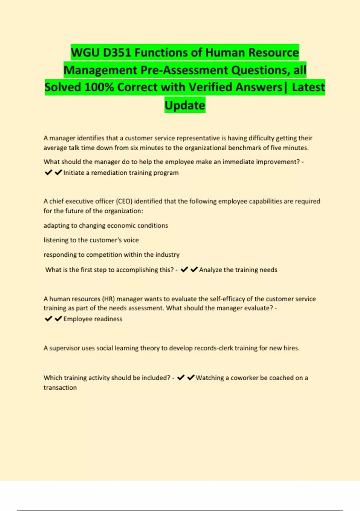 WGU D351 Functions of Human Resource Management Pre-Assessment ...