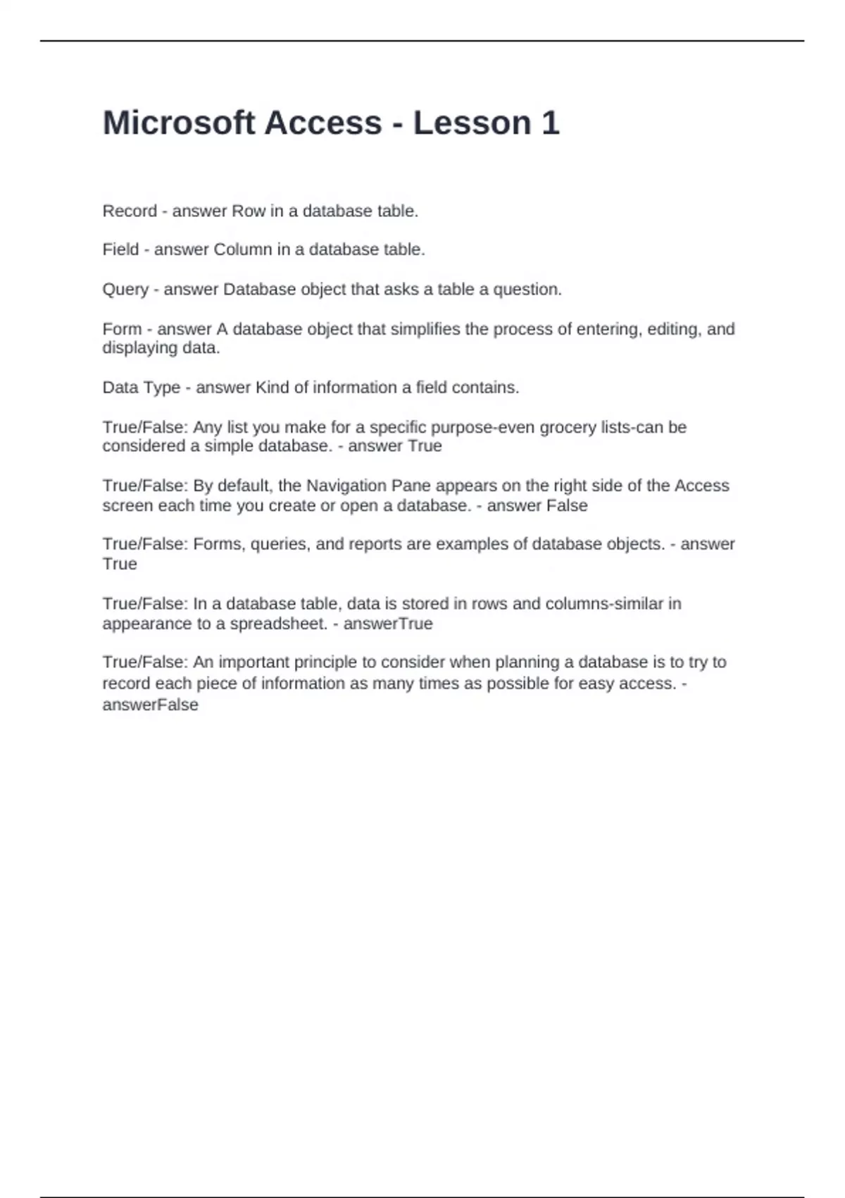 Microsoft Access - Lesson 1 Questions and Answers 100% Correct ...