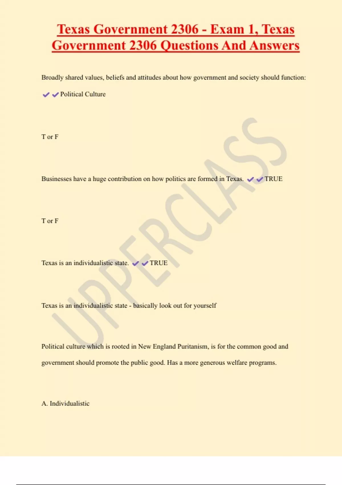 Texas Government 2306 - Exam 1, Texas Government 2306 Questions And ...